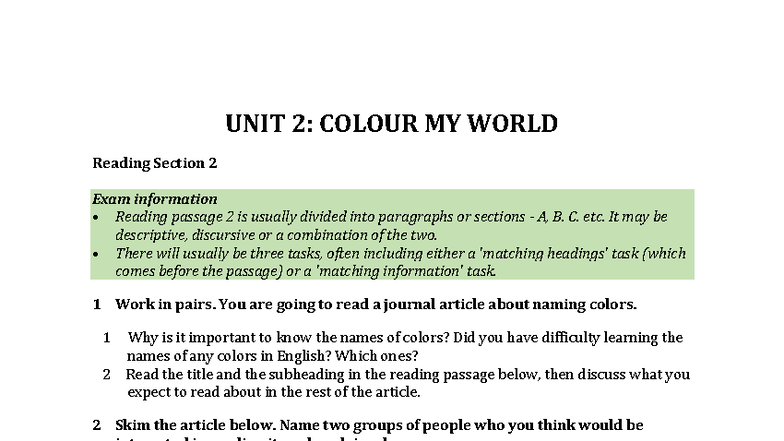 UNIT 2: COLOUR MY WORLD Reading Section 2 Exam Guide - Studocu