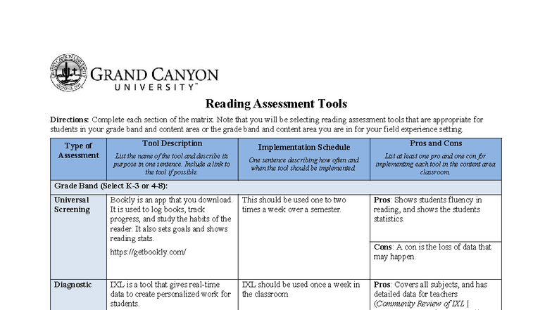 REA-325 T3 Reading Assessment Tools: Matrix of Assessment Tools - Studocu