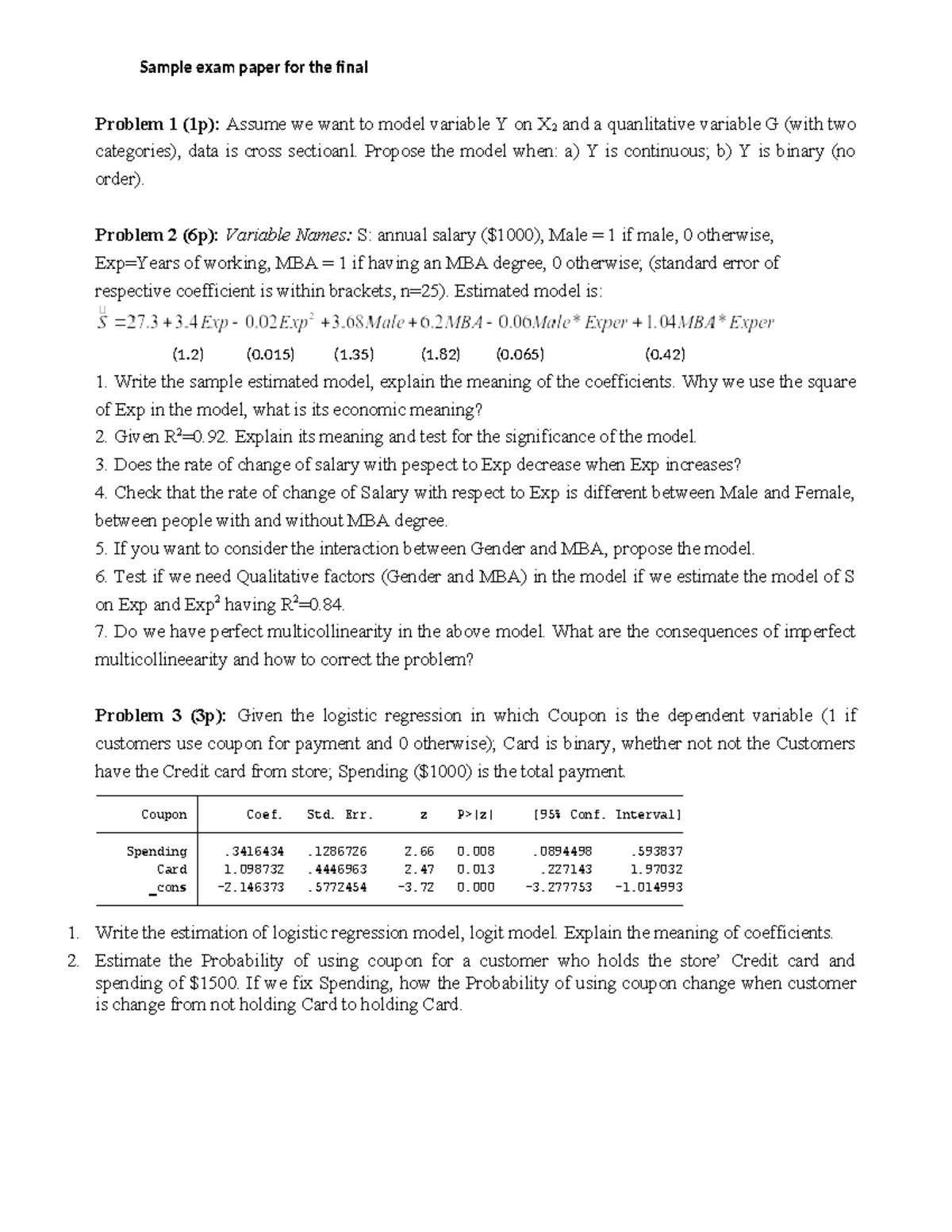 Sample Test for Econometrics: Final Exam Insights on Regression Models ...