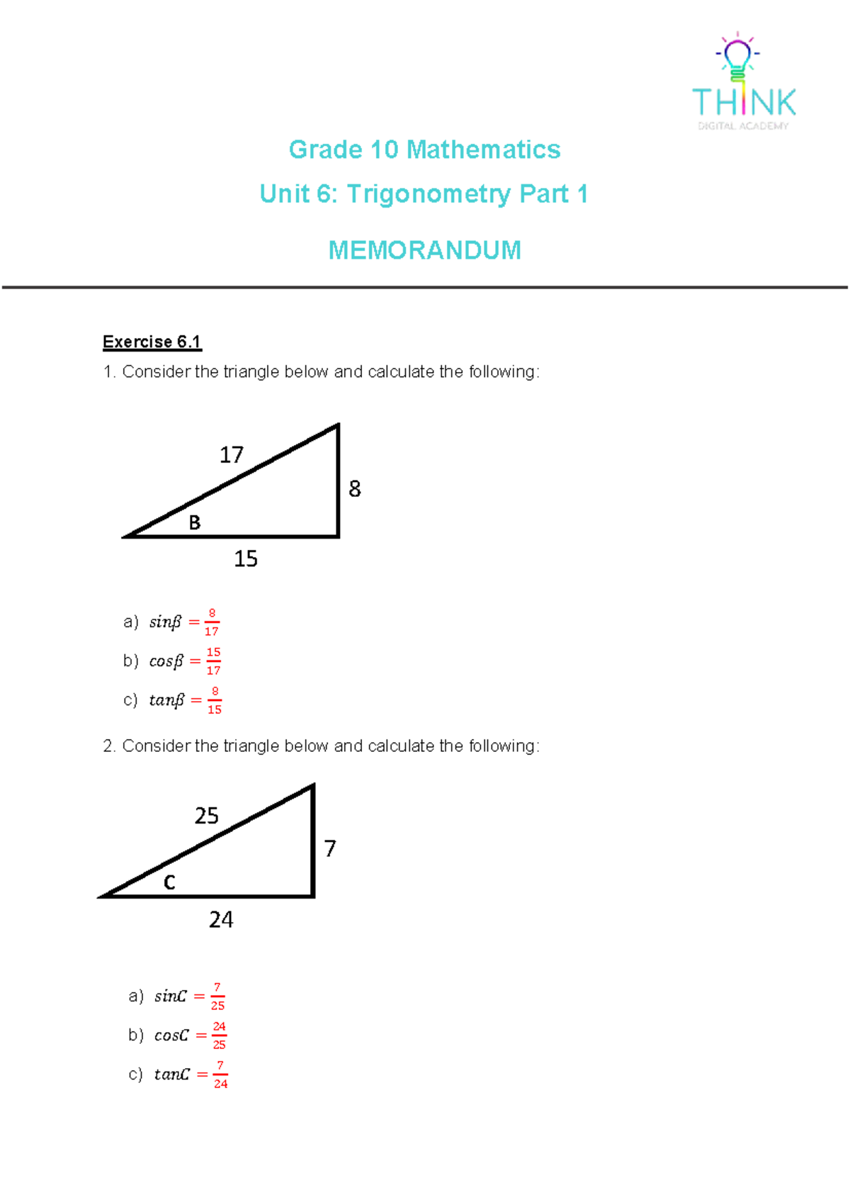 Grade 10 Mathematics Unit 6: Trigonometry Part 1 MEMO for Practice Test ...