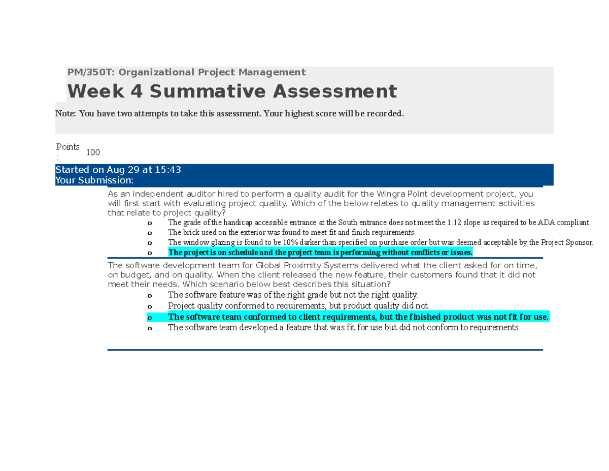 PM 350T- Week 4 Summative Assessment - PM/350T: Organizational Project ...