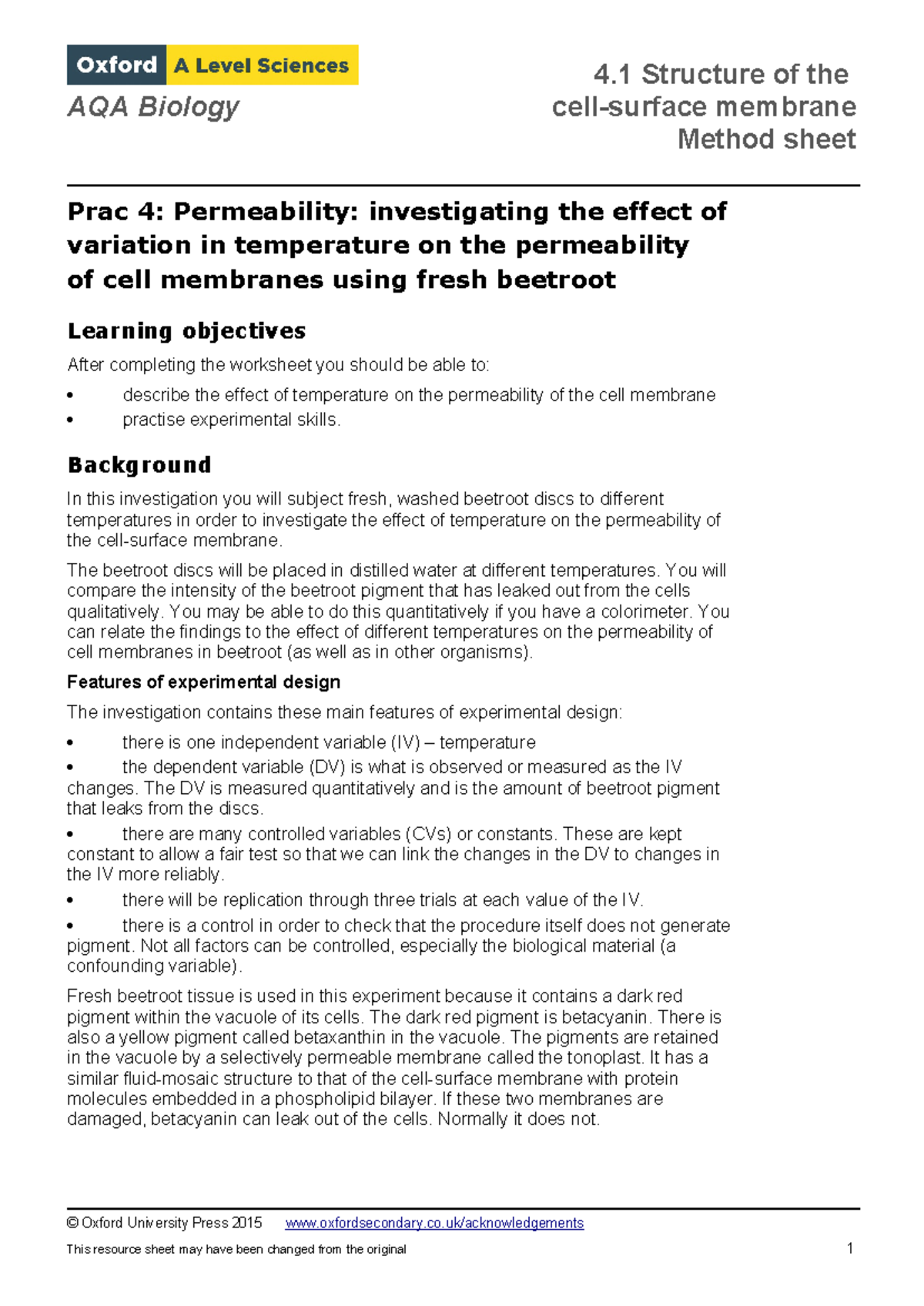 Method for Investigating Beetroot Cell Membrane Permeability (AQA ...