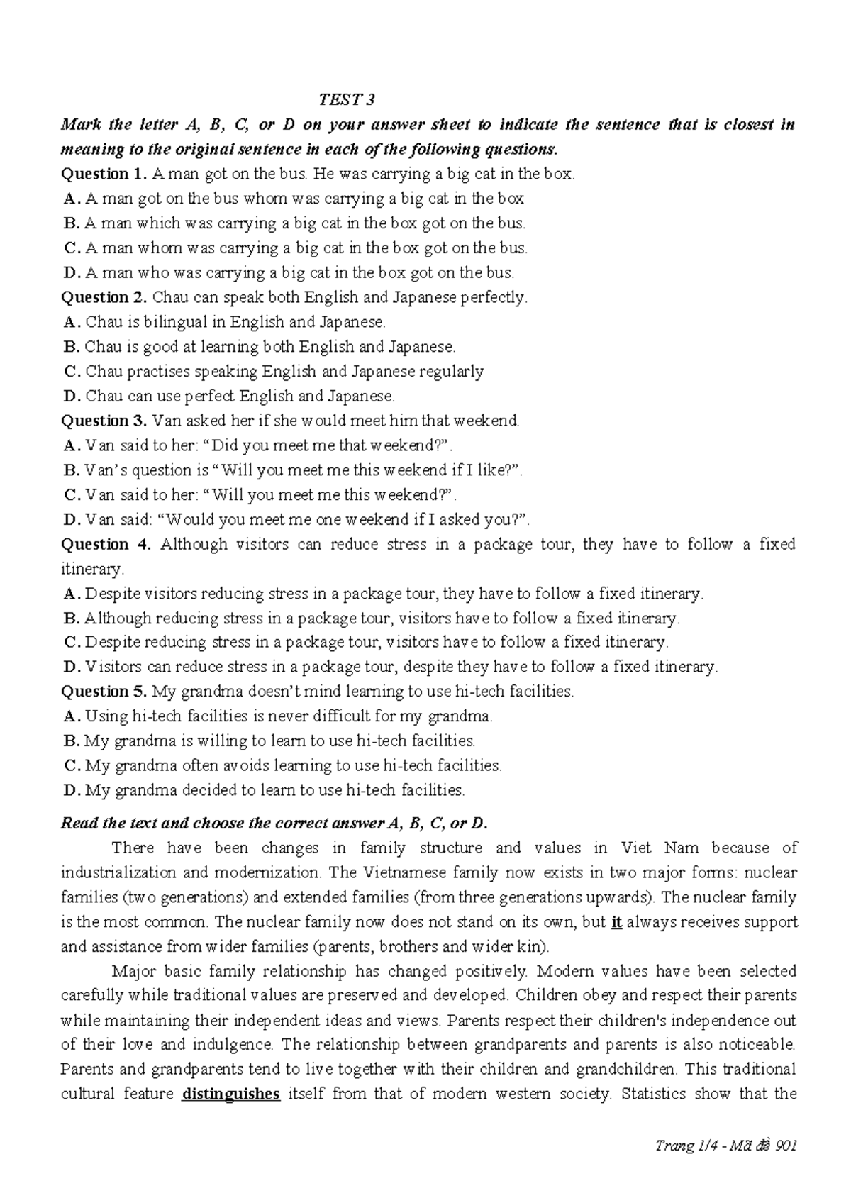 TEST 3: Sentence Meaning and Family Structure in Vietnam (Anh 901 ...