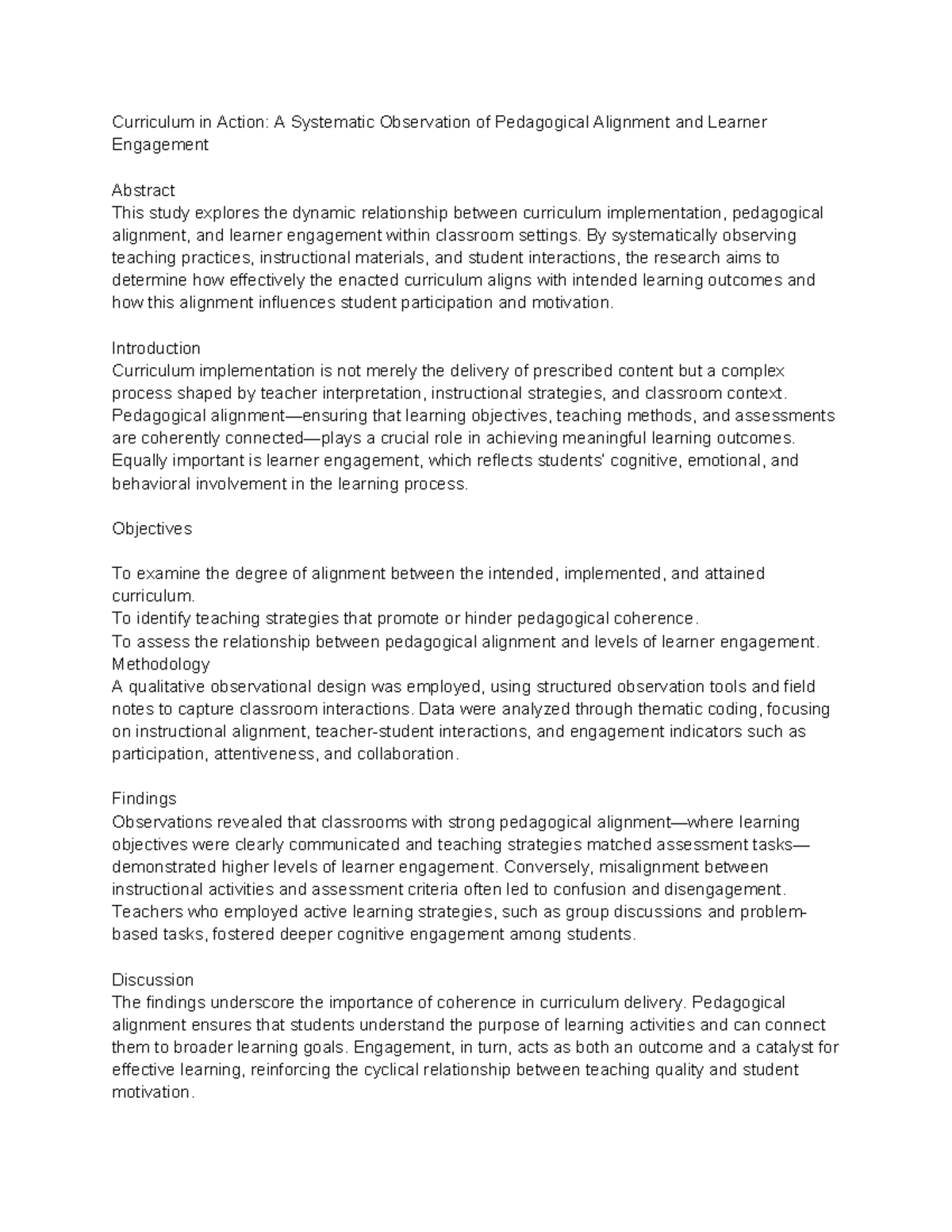 EDU 301: Curriculum in Action - Observing Pedagogical Alignment ...