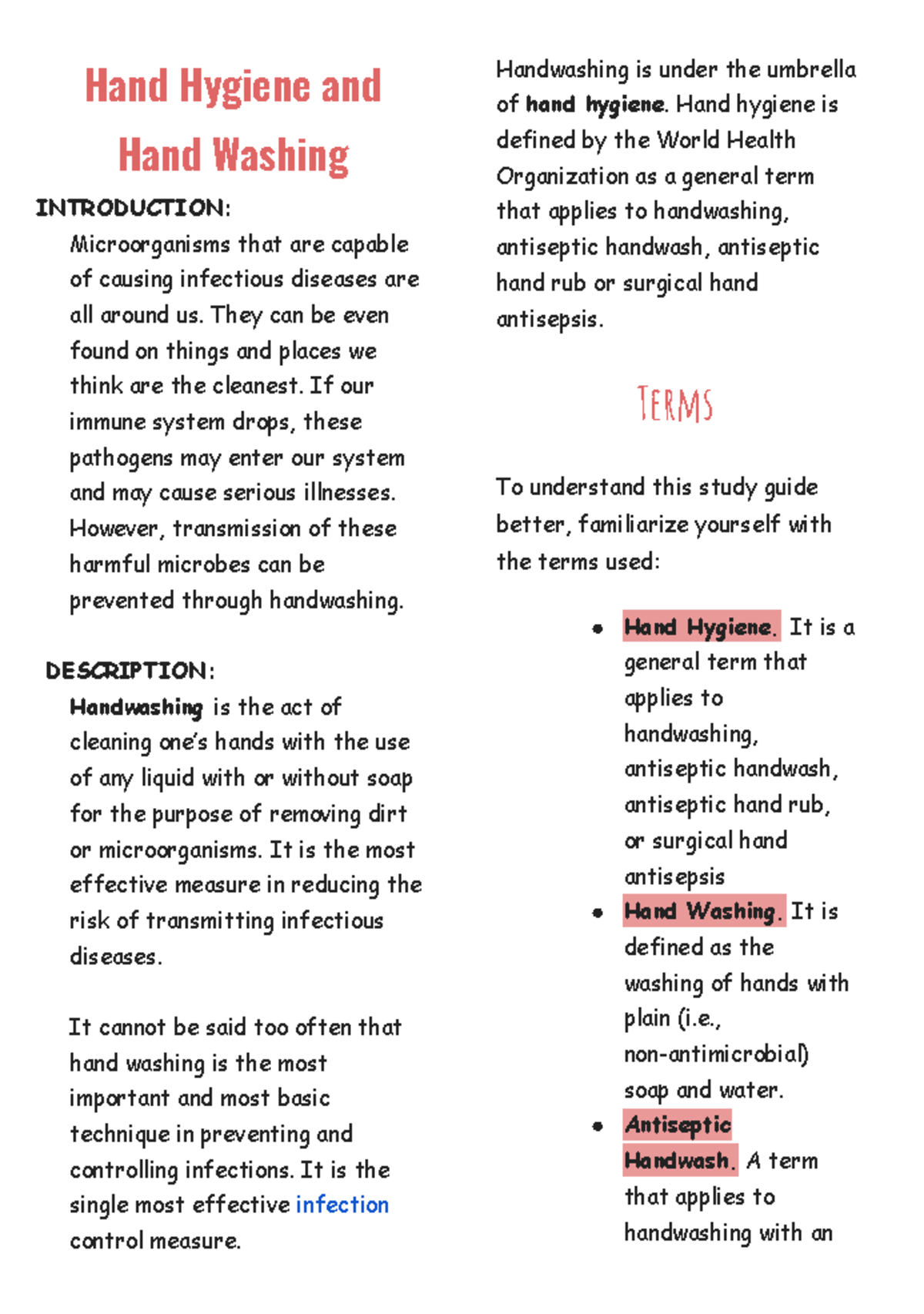 Hand Hygiene and Hand Washing: Principles and Guidelines - Studocu