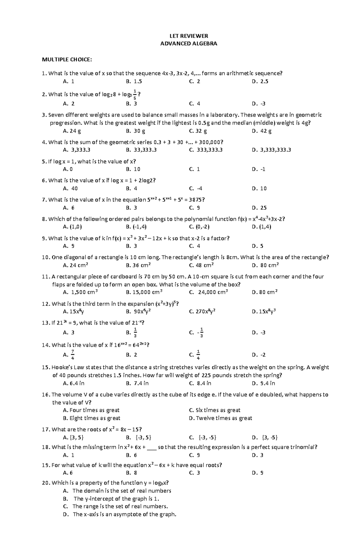 002 - Advanced Algebra Final Exam Multiple Choice Questions - Studocu