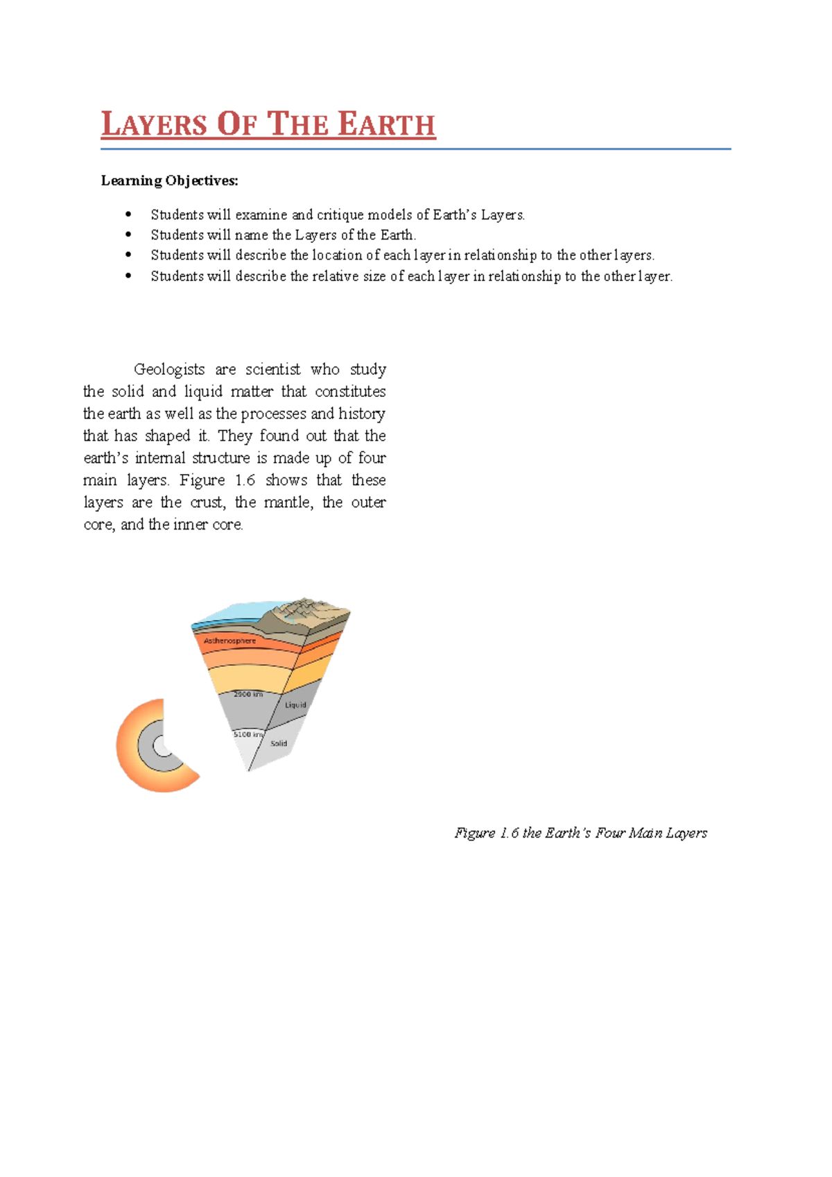 Layers of the Earth - LAYERS OF THE EARTH Learning Objectives: Students ...