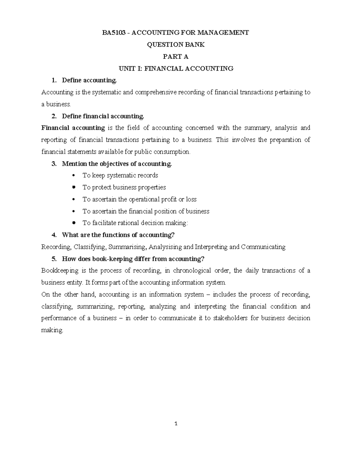 BA5103 ACCOUNTING FOR MANAGEMENT QUESTION BANK PART A: FINANCIAL ...