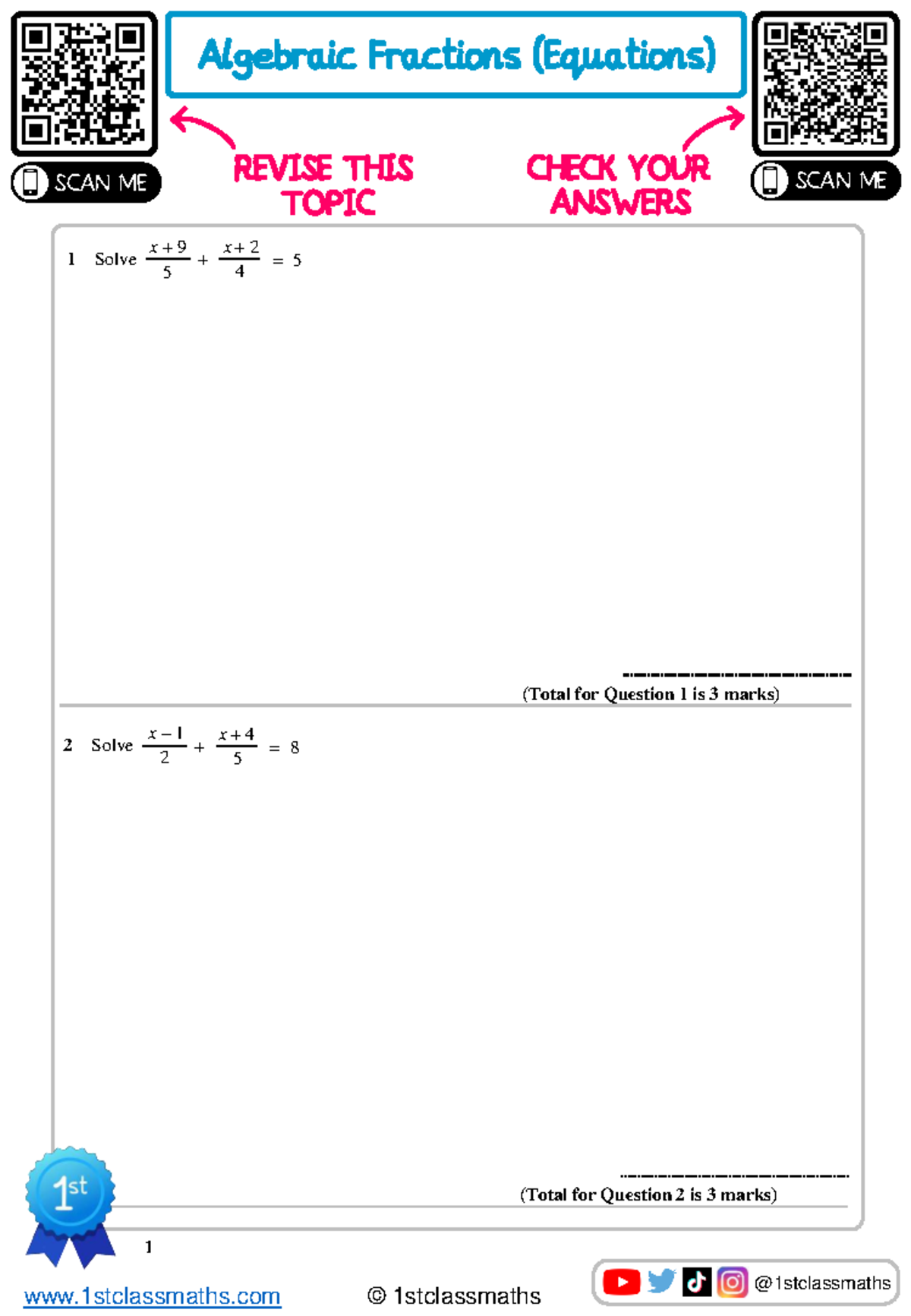 Algebraic Fractions (Equations) Revision - Edexcel - Studocu