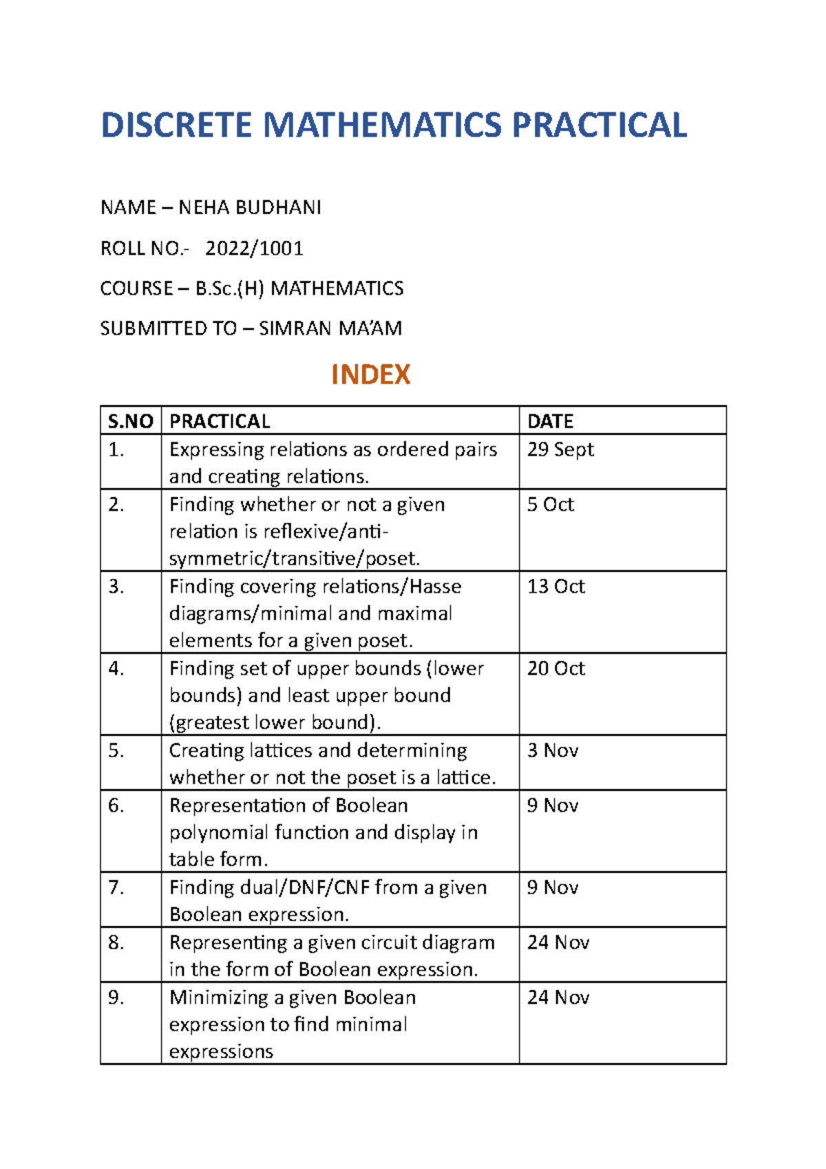 B.Sc.(H) Mathematics Practical: Discrete Mathematics Exercises - Studocu
