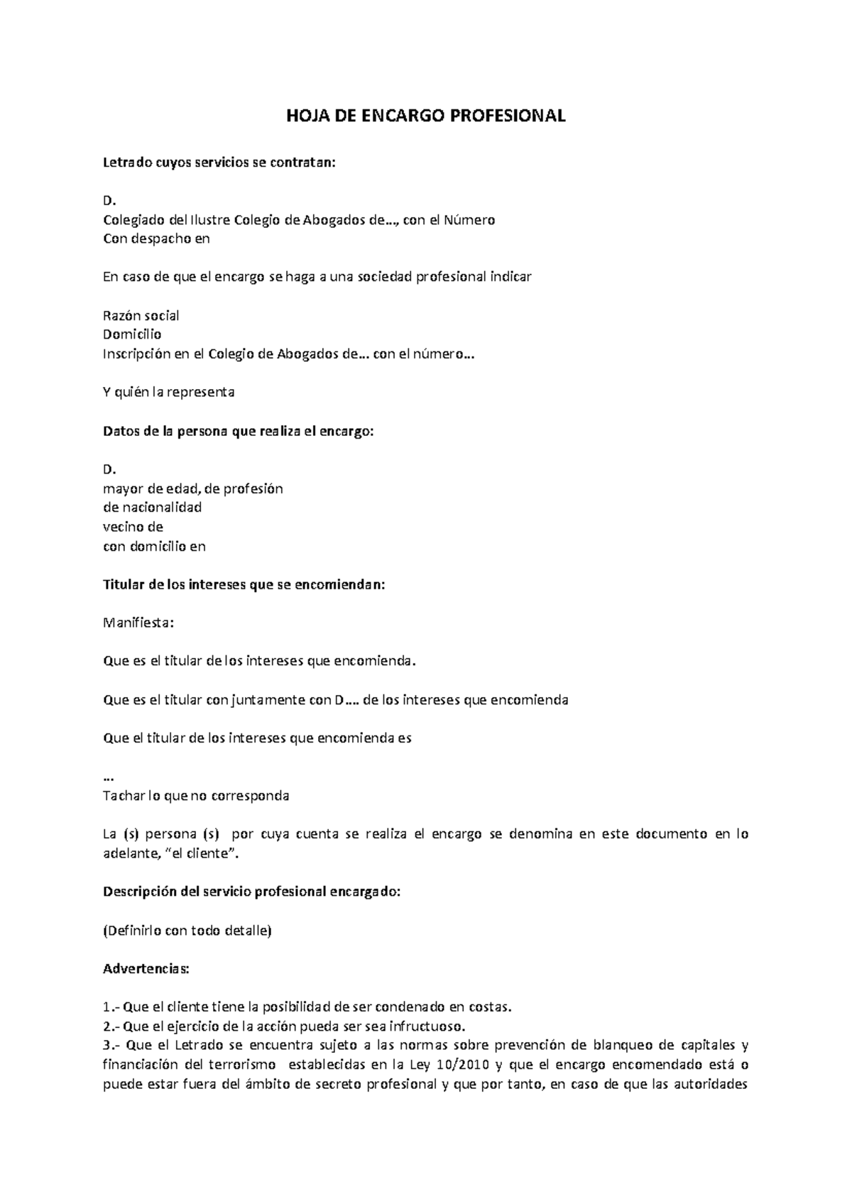 Hoja de Encargo Profesional de Abogado - Servicios Legales - Studocu