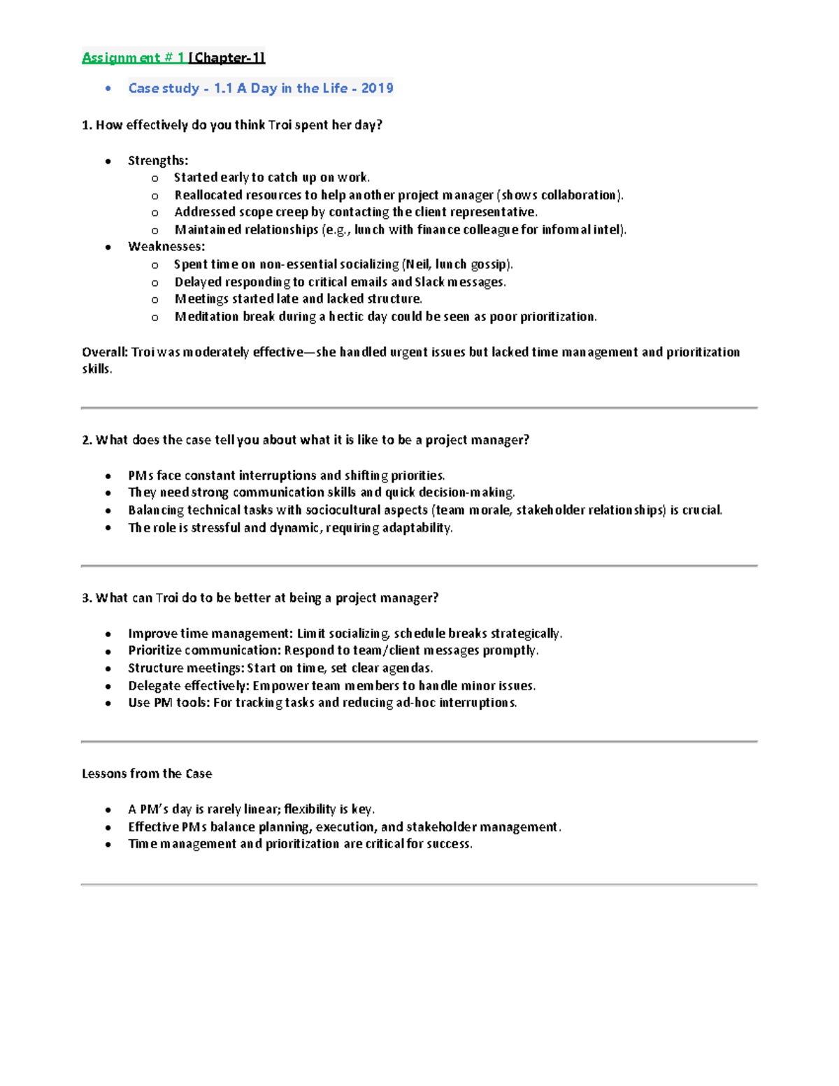 Ch.01 Assignment 1 Case Study: A Day in the Life of Troi - Studocu