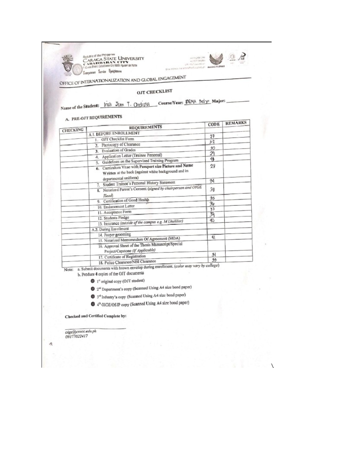 OJT Requirements Checklist for BEMA 3rd Year Students at CSU - Studocu