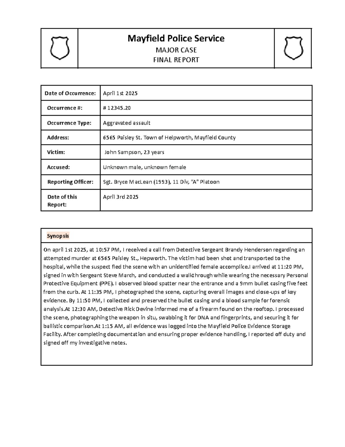 Mayfield Police Service MAJOR CASE FINAL REPORT - Aggravated Assault ...
