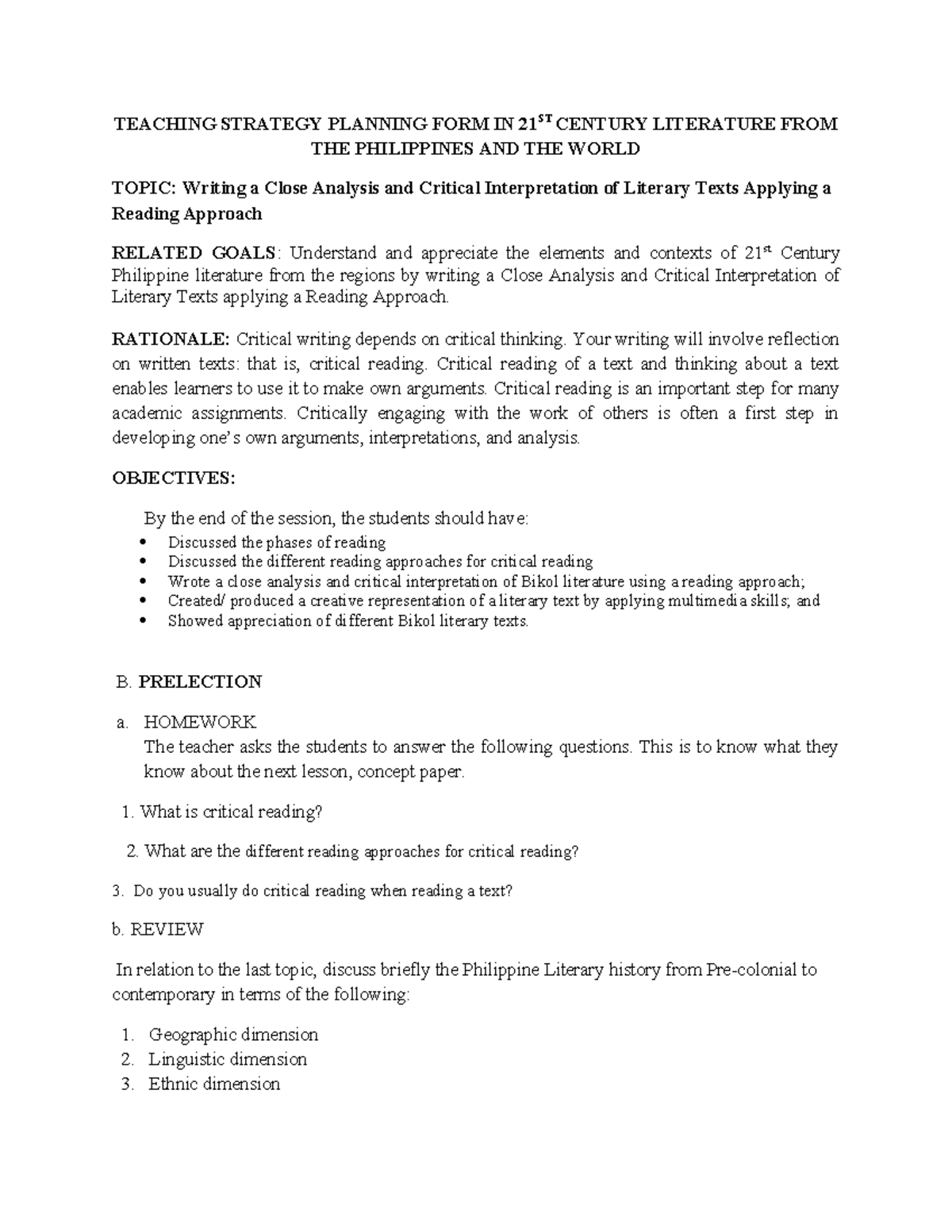 Reading Teaching Strategy Planning Form: 21st Century Lit Analysis ...