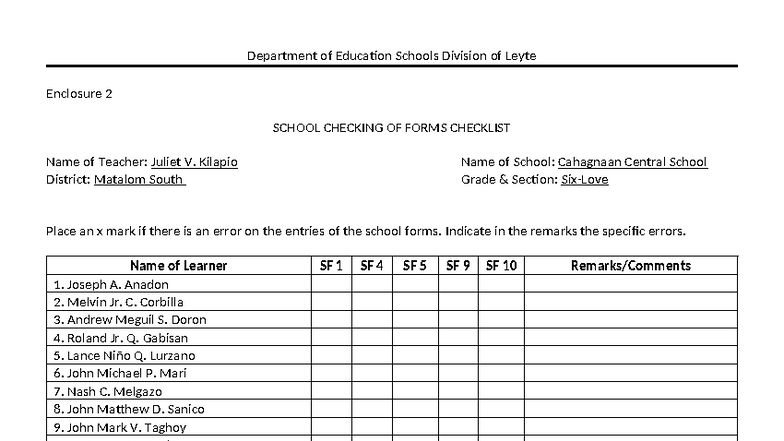 School Checking OF Forms Checklist - Department of Education Schools ...