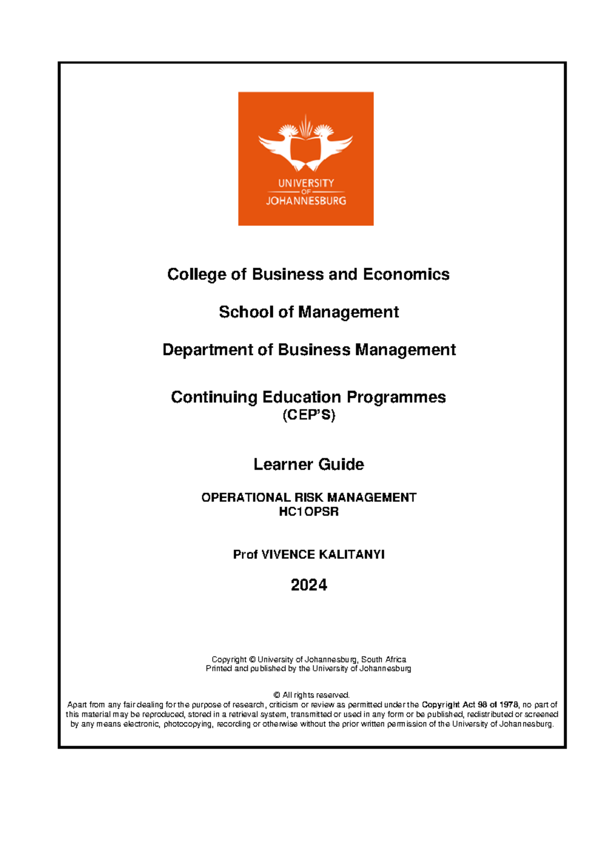 HC1OPSR 2024 Final Module Guide: Operational Risk Management Insights ...