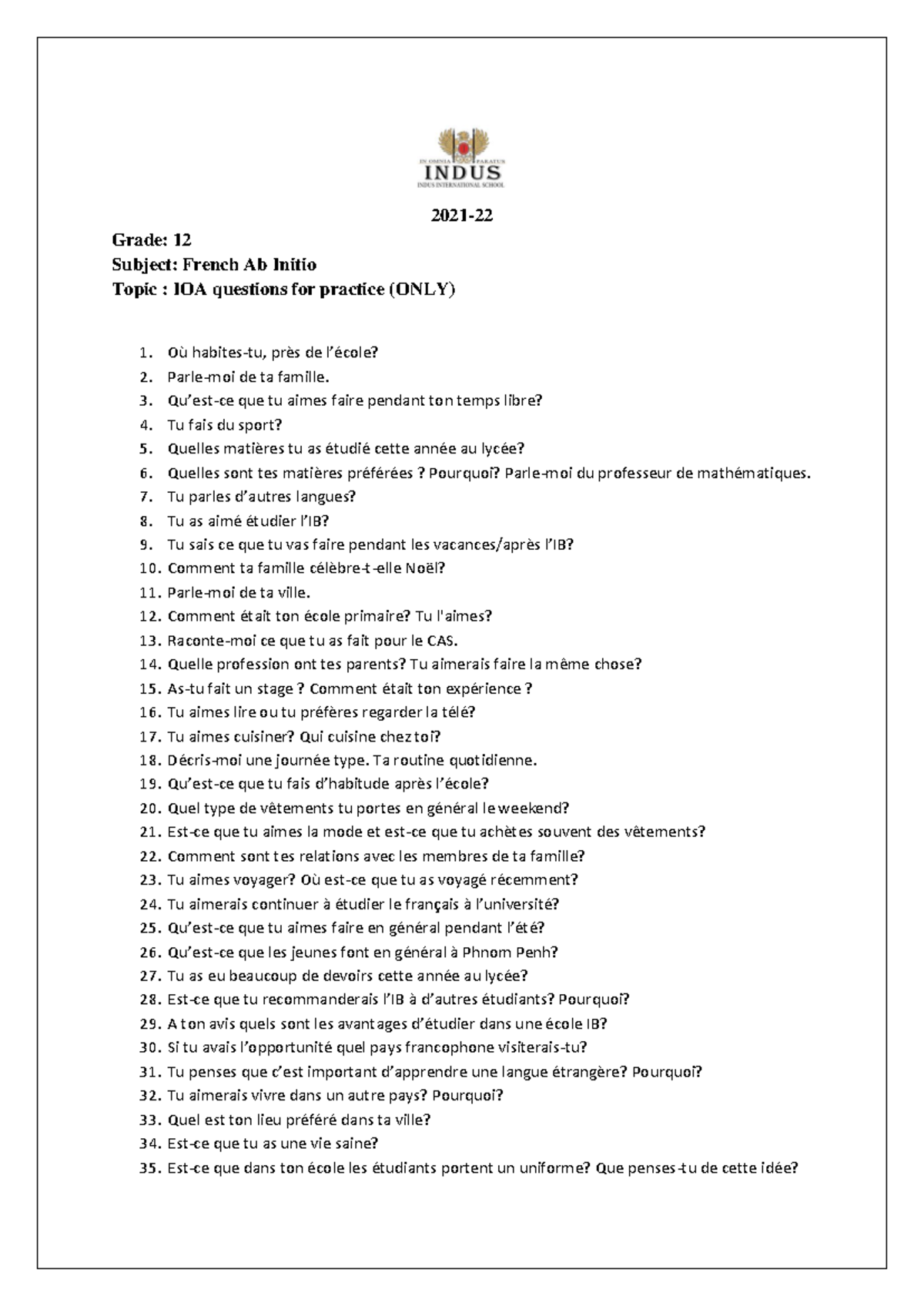IOA Practice Questions for French Ab Initio (Grade 12) - Studocu