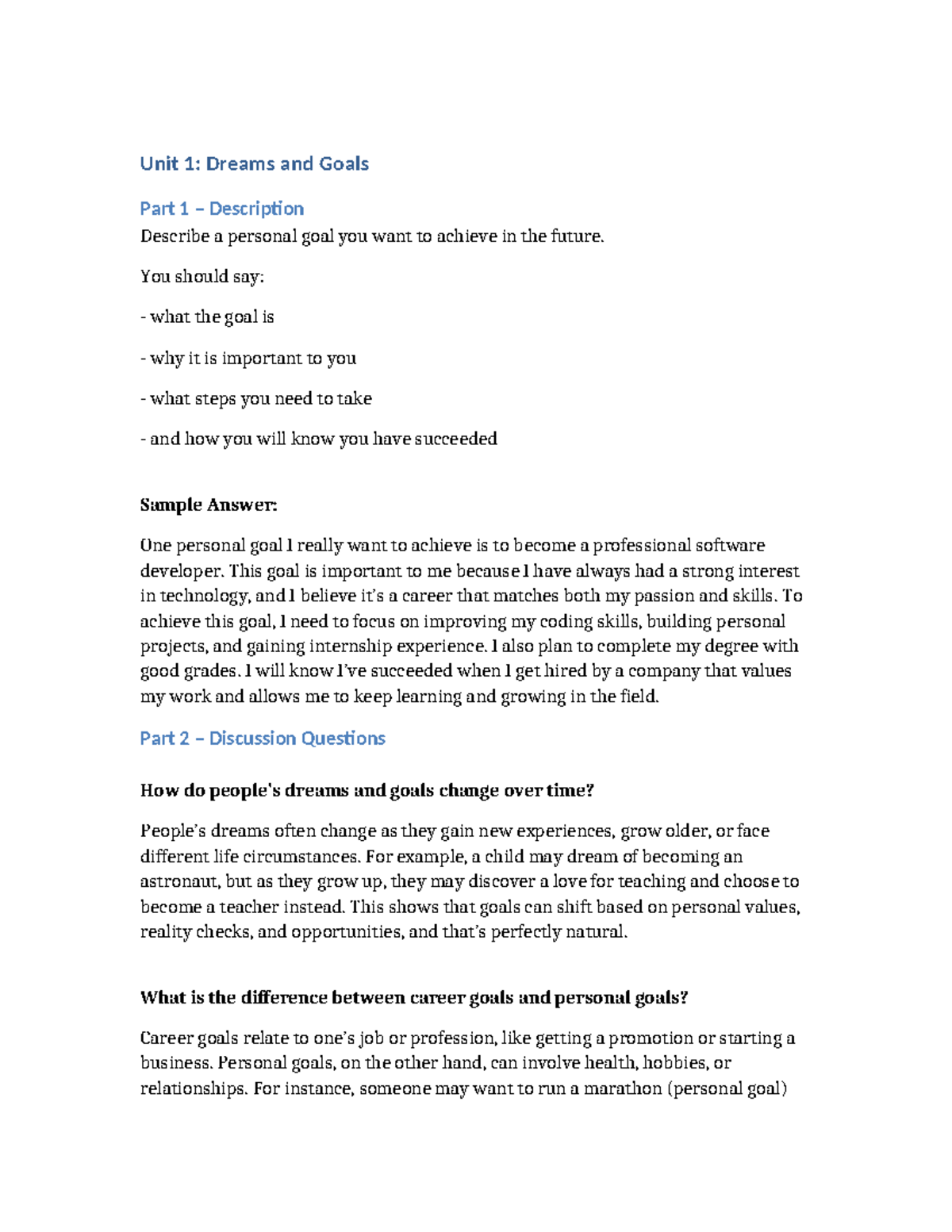 Full Speaking Units 1-10: Dreams, Goals, and Discussions - Studocu