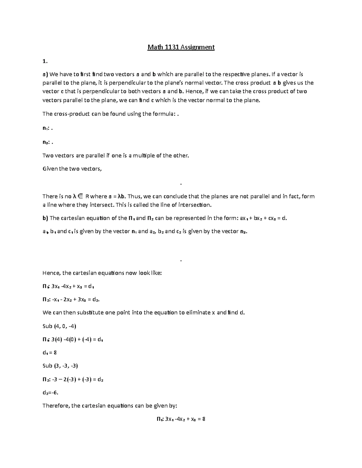 Math1131 Assignment: Intersection Of Planes In Civil Engineering - Studocu