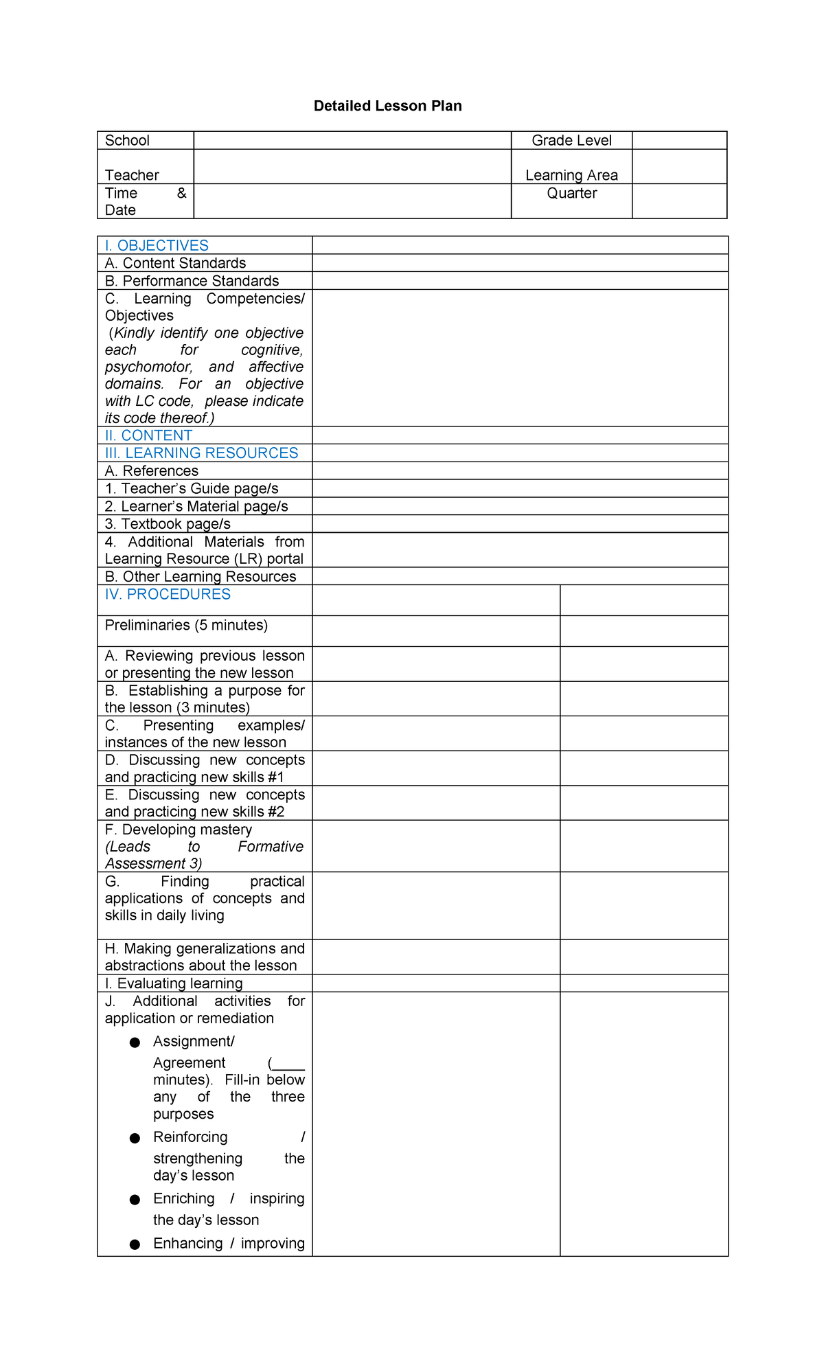 Detailed Lesson Plan for Grade Level - Quarter I Objectives - Studocu