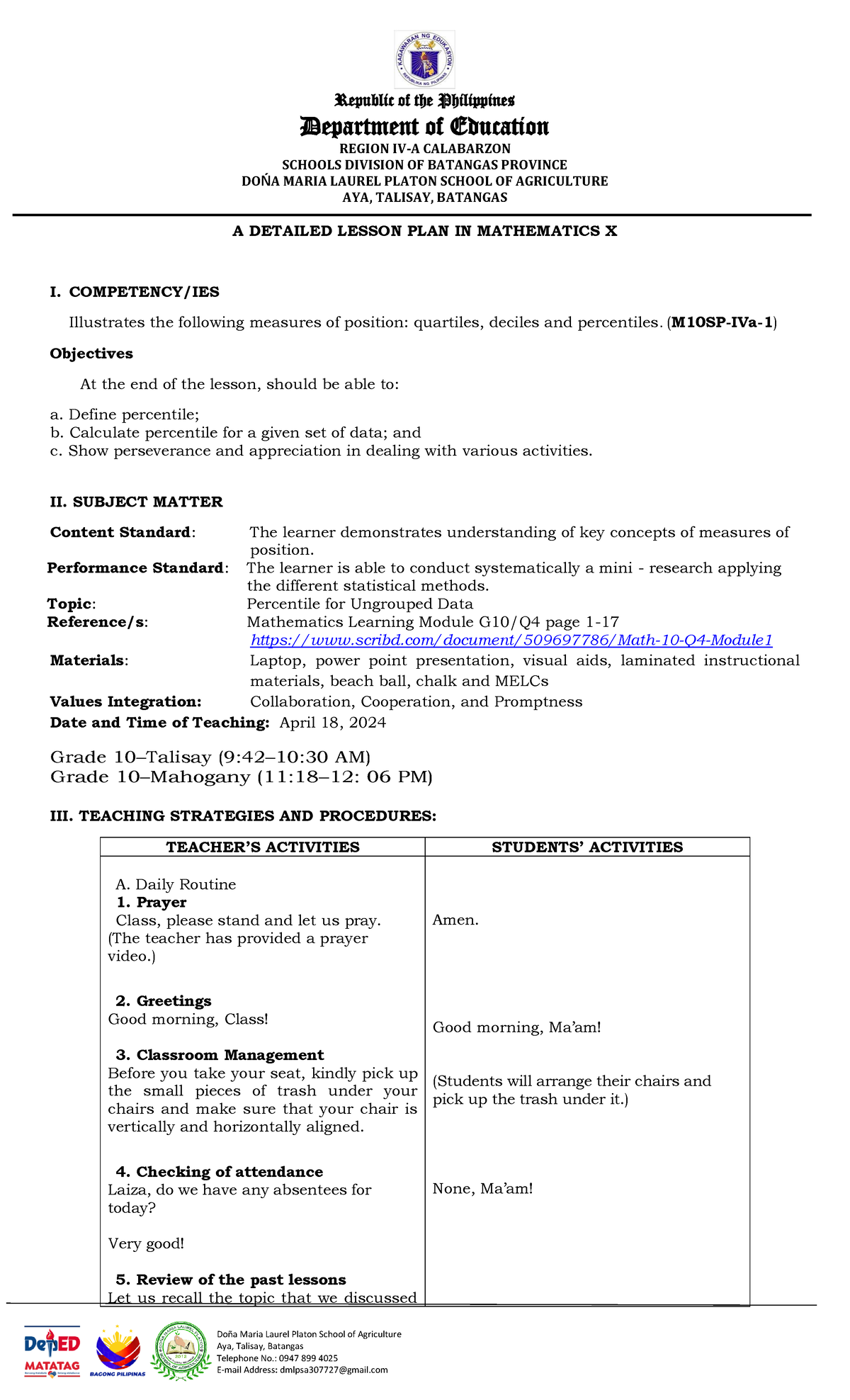 Detailed Lesson Plan: Measures of Position (M10SP-IVa-1) - Studocu