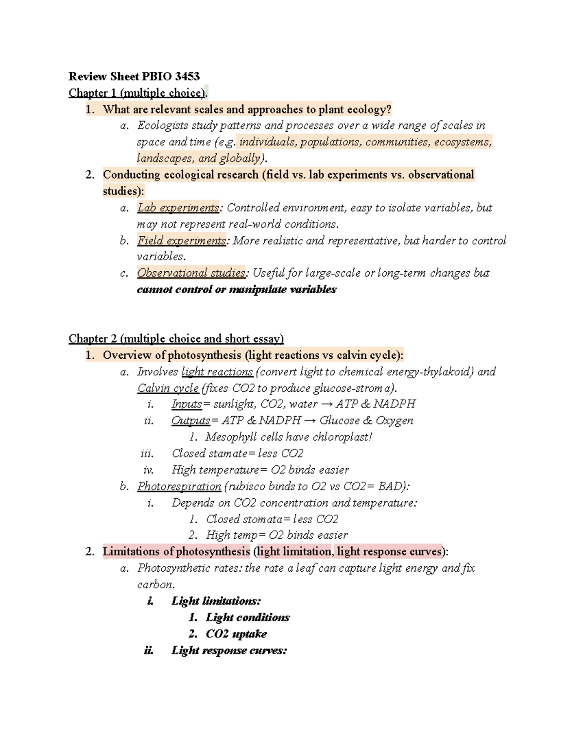 PBIO 3453 Final Exam Review Sheet: Key Concepts in Plant Ecology - Studocu