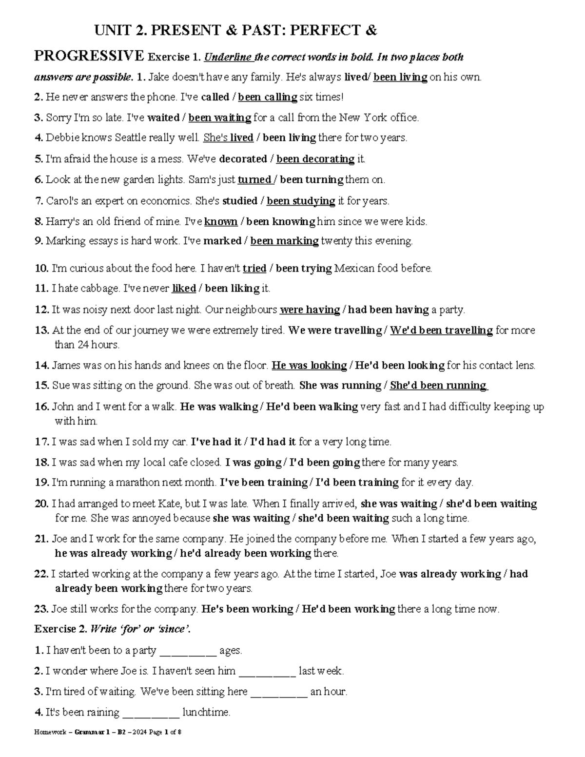 UNIT 2 - Homework: Present Perfect & Past Progressive Exercises - Studocu