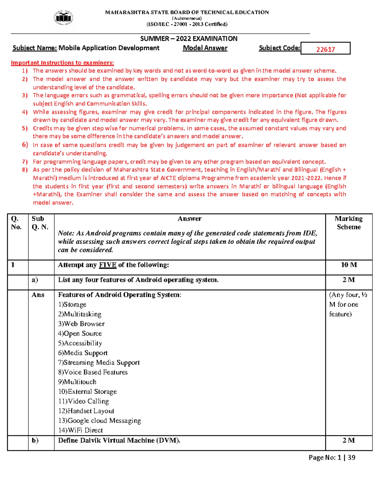 Mobile Application Development(22617) Model Answer - 2) The model answer and the answer written ...