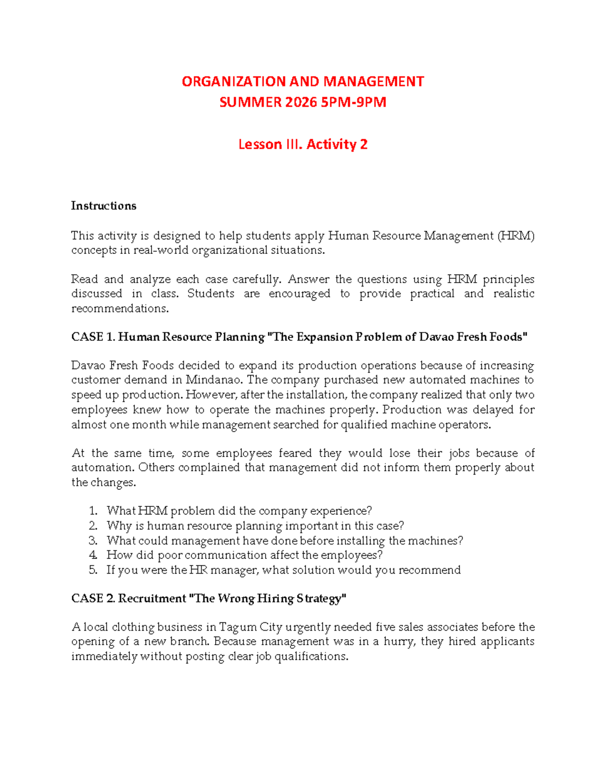 HRM Case Studies: Lessons from Organizational Challenges (ORG MGT 2026 ...