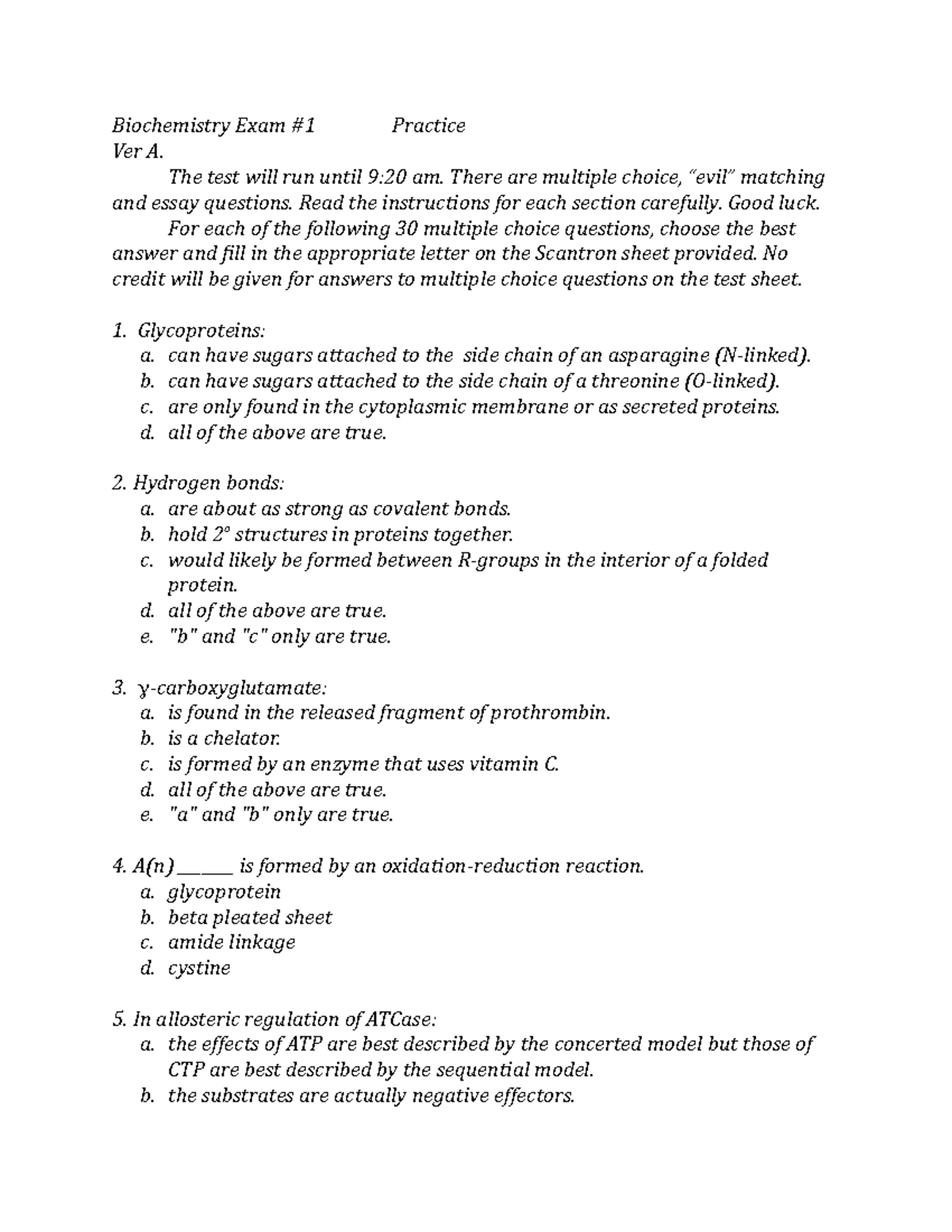 Biochemistry Exam 1: Practice Questions and Key Concepts - Studocu