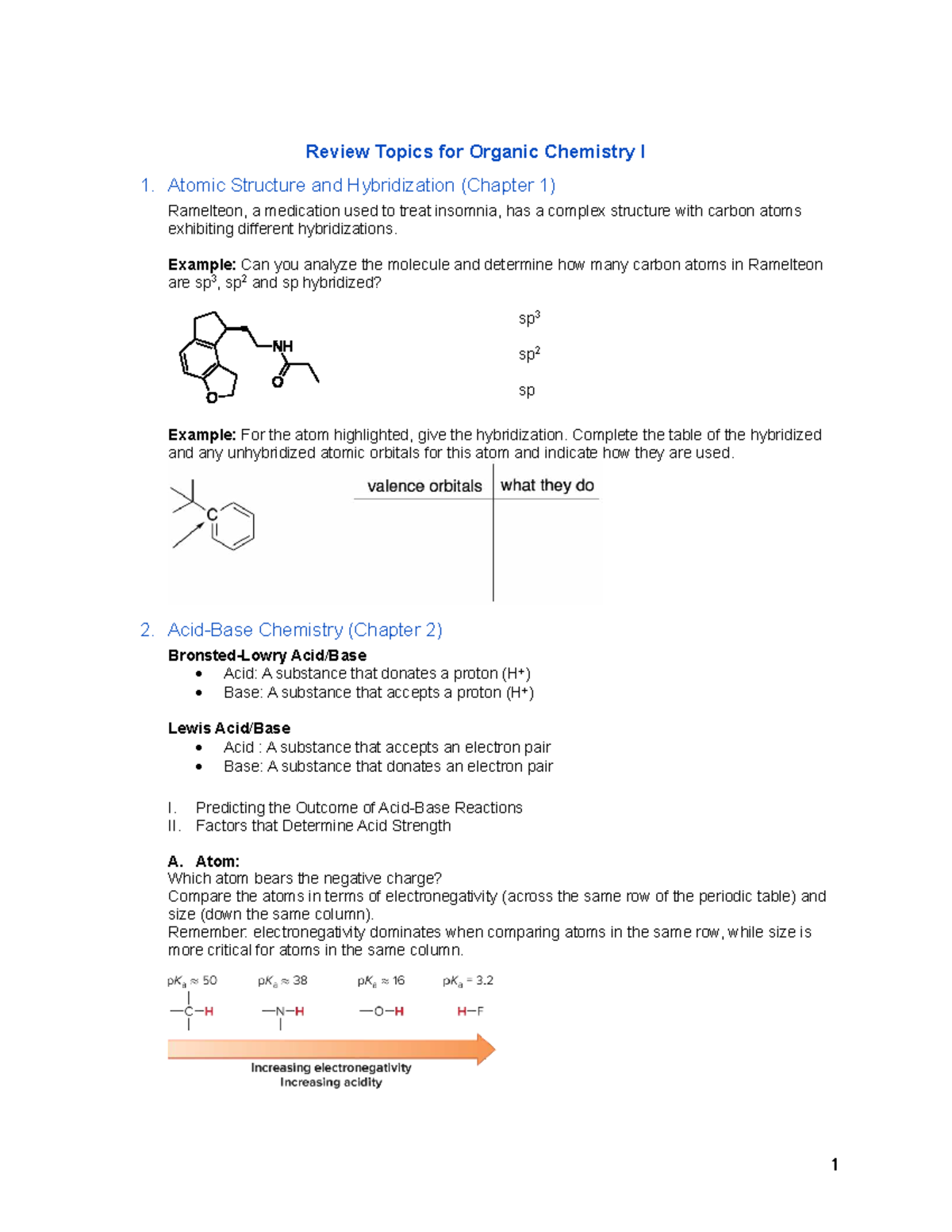 Review Topics for Organic Chemistry I (Ochem I) - Key Concepts and ...