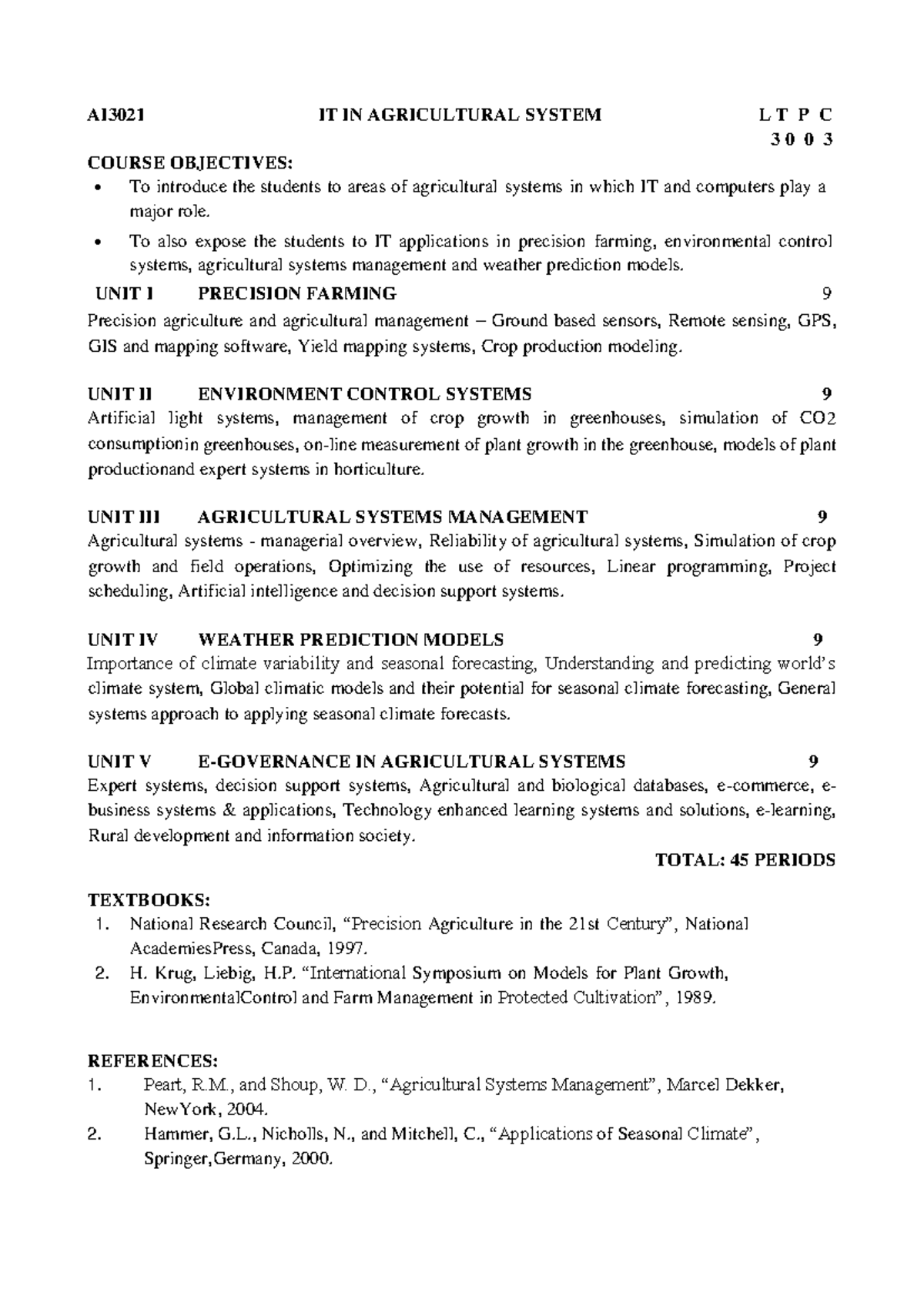 AI3021-IT in Agricultural Systems - Course Syllabus & Outcomes - Studocu