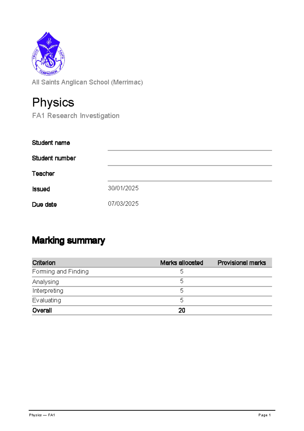 2025 Physics FA1 Research Investigation Task & Assessment Guide - Studocu