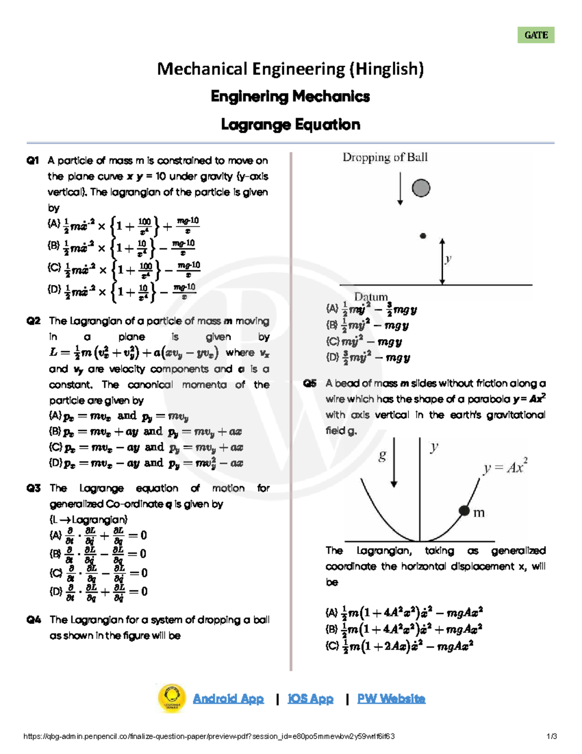 GATE Mechanical Engineering: Lagrange Equation DPP 01 (Hinglish) - Studocu