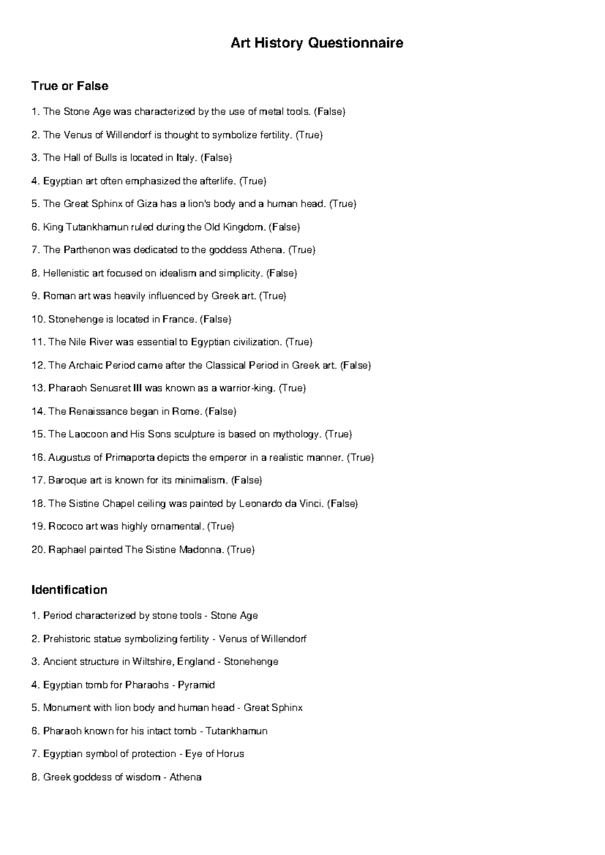 Art History Quiz: True/False & Multiple Choice Questions - Studocu
