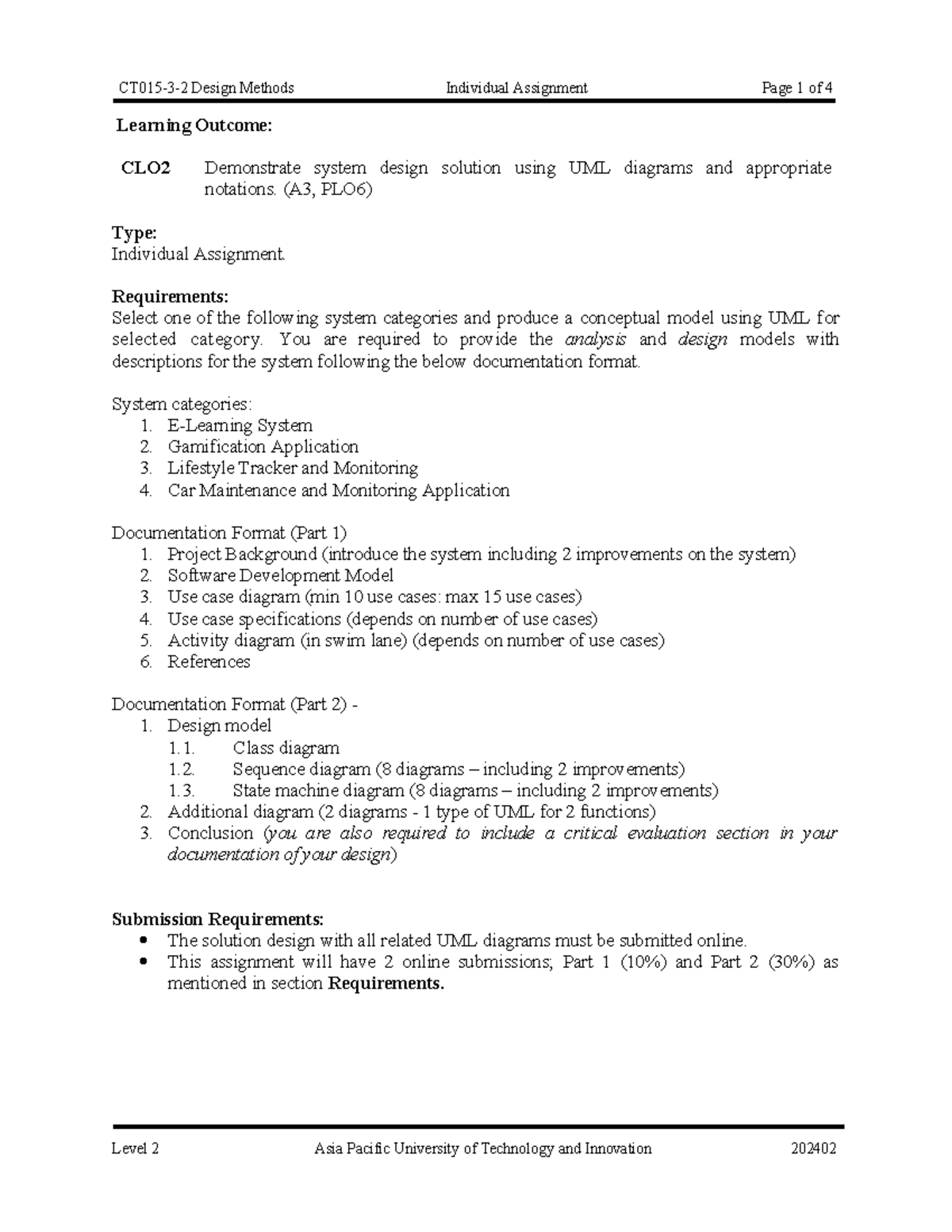 CT015-3-2 Individual Assignment: UML Design Method for Systems - Studocu