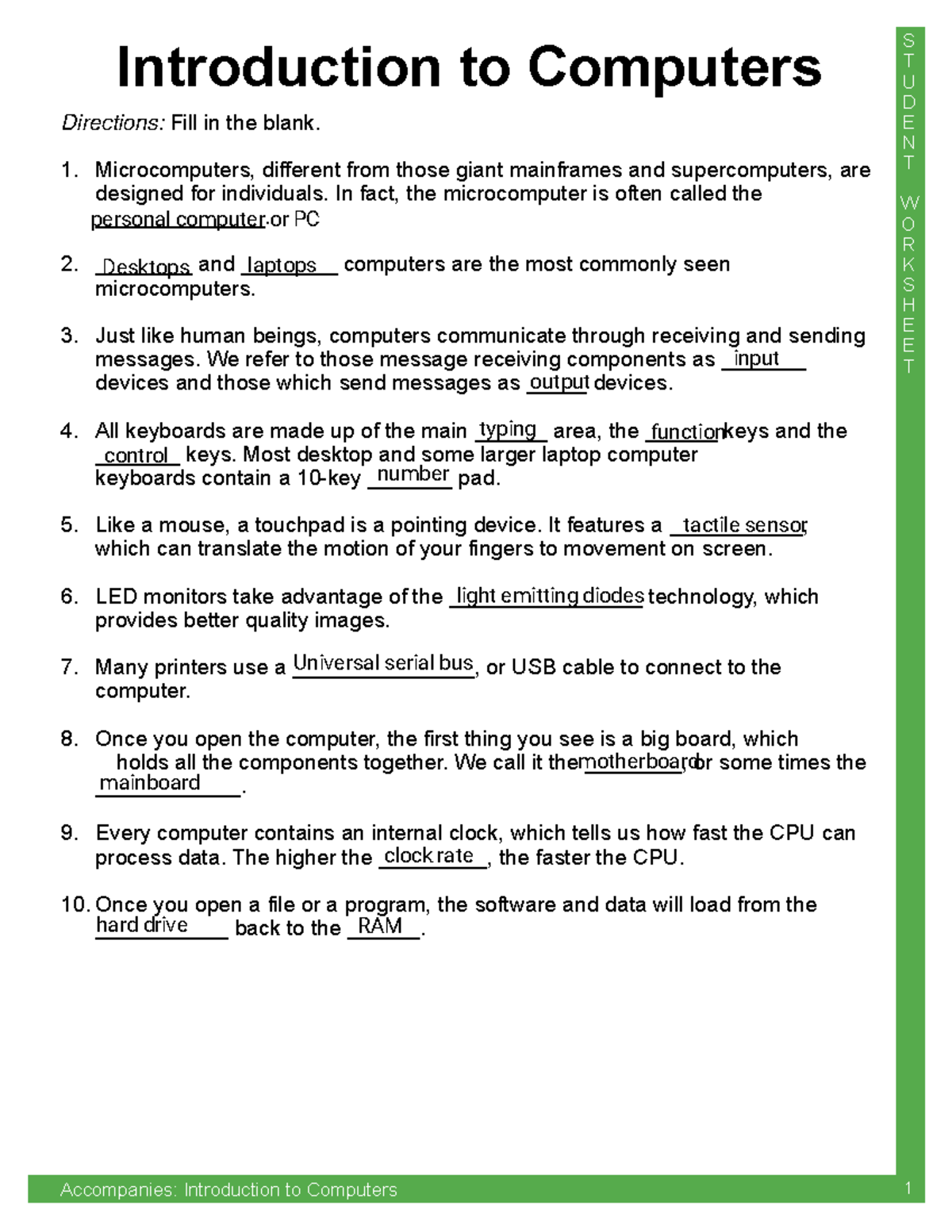 Introduction to Computers - Student Worksheet for IT 101 - Studocu
