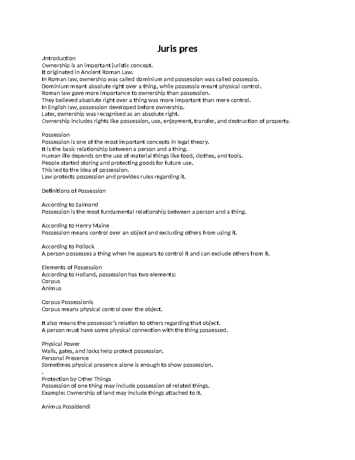 Jurisprudence 101 - Lecture Notes on Ownership and Possession - Studocu