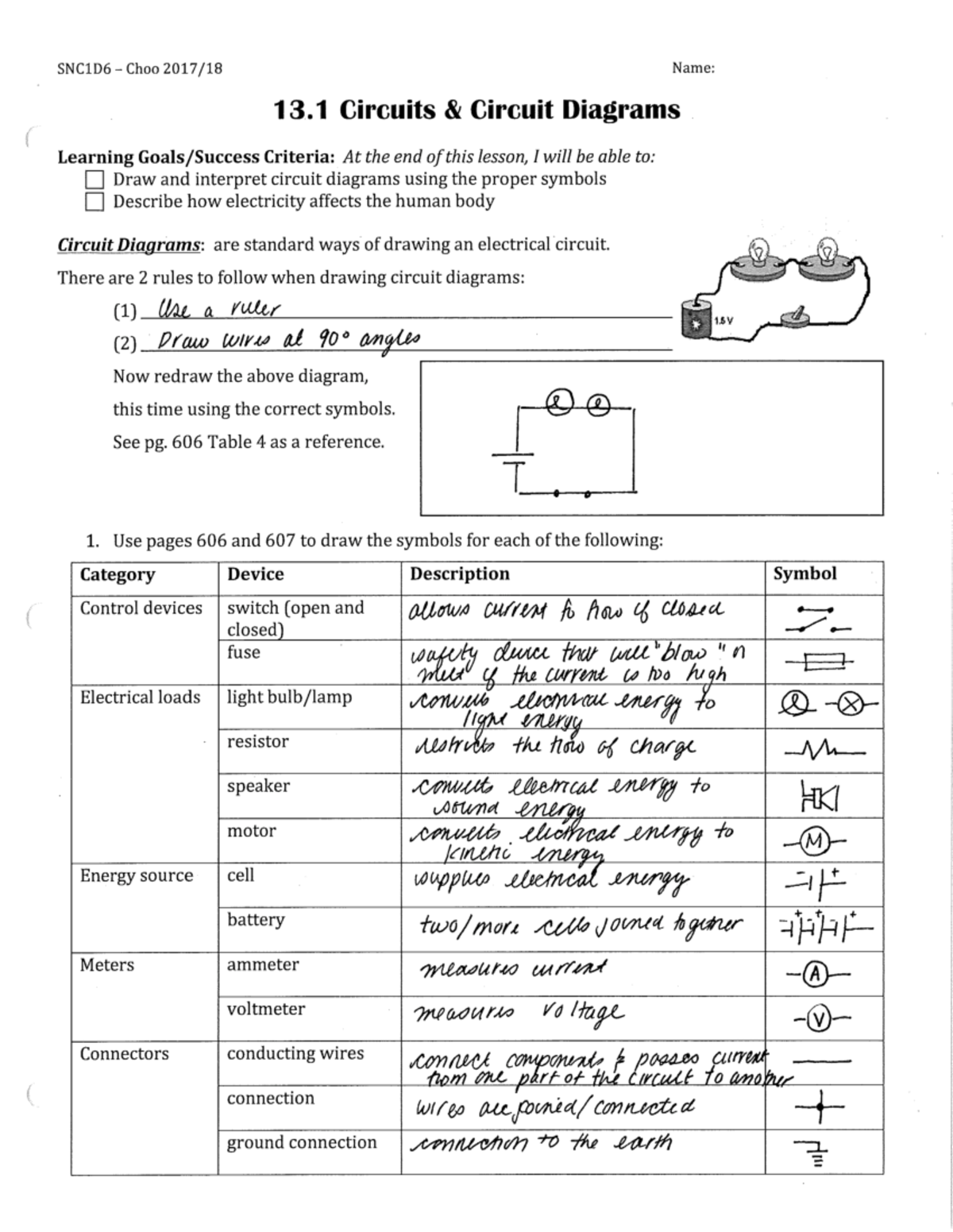 13 - Worksheet: Circuit Diagrams and Learning Criteria - Studocu