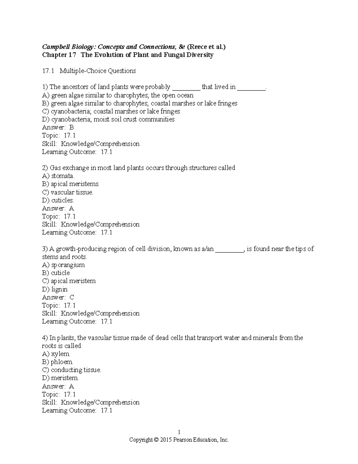 Chapter 17 Evolution of Plant & Fungal Diversity Practice Quiz - Studocu