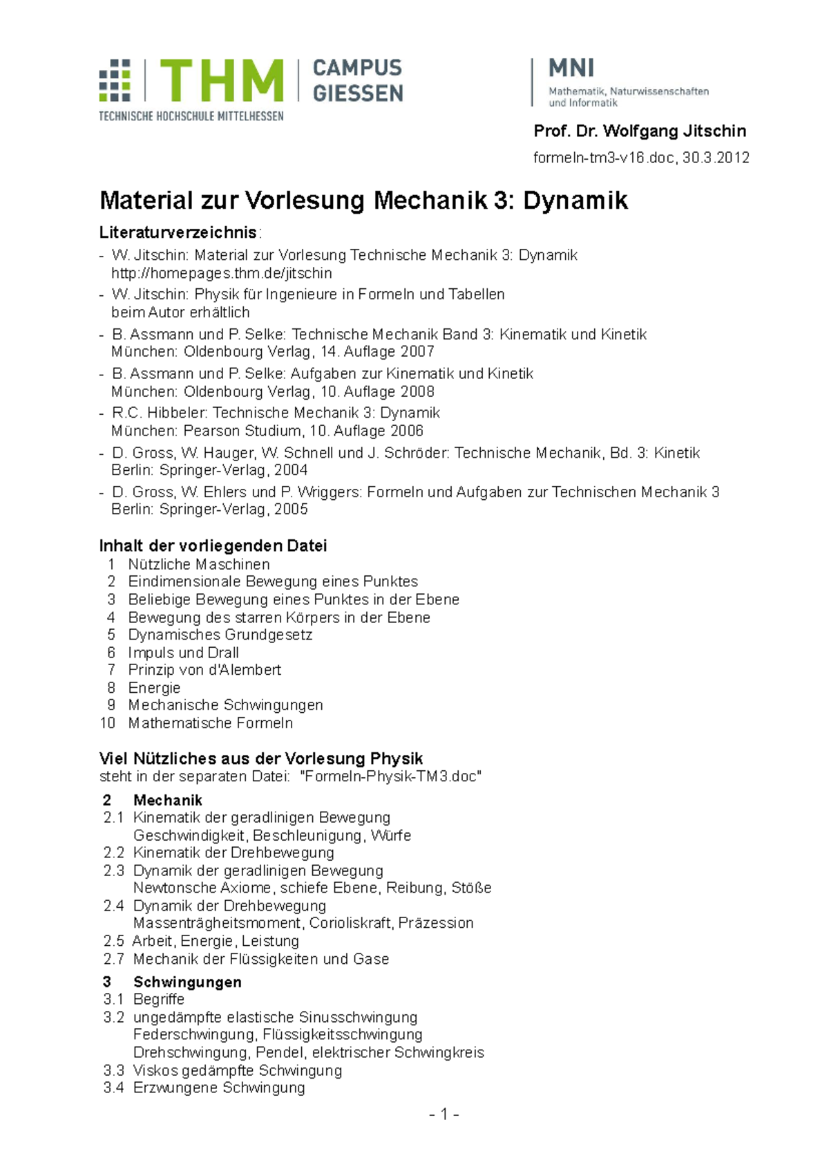 Formelsammlung für TM3: Technische Mechanik 3 - Dynamik Teil 2 - Studocu