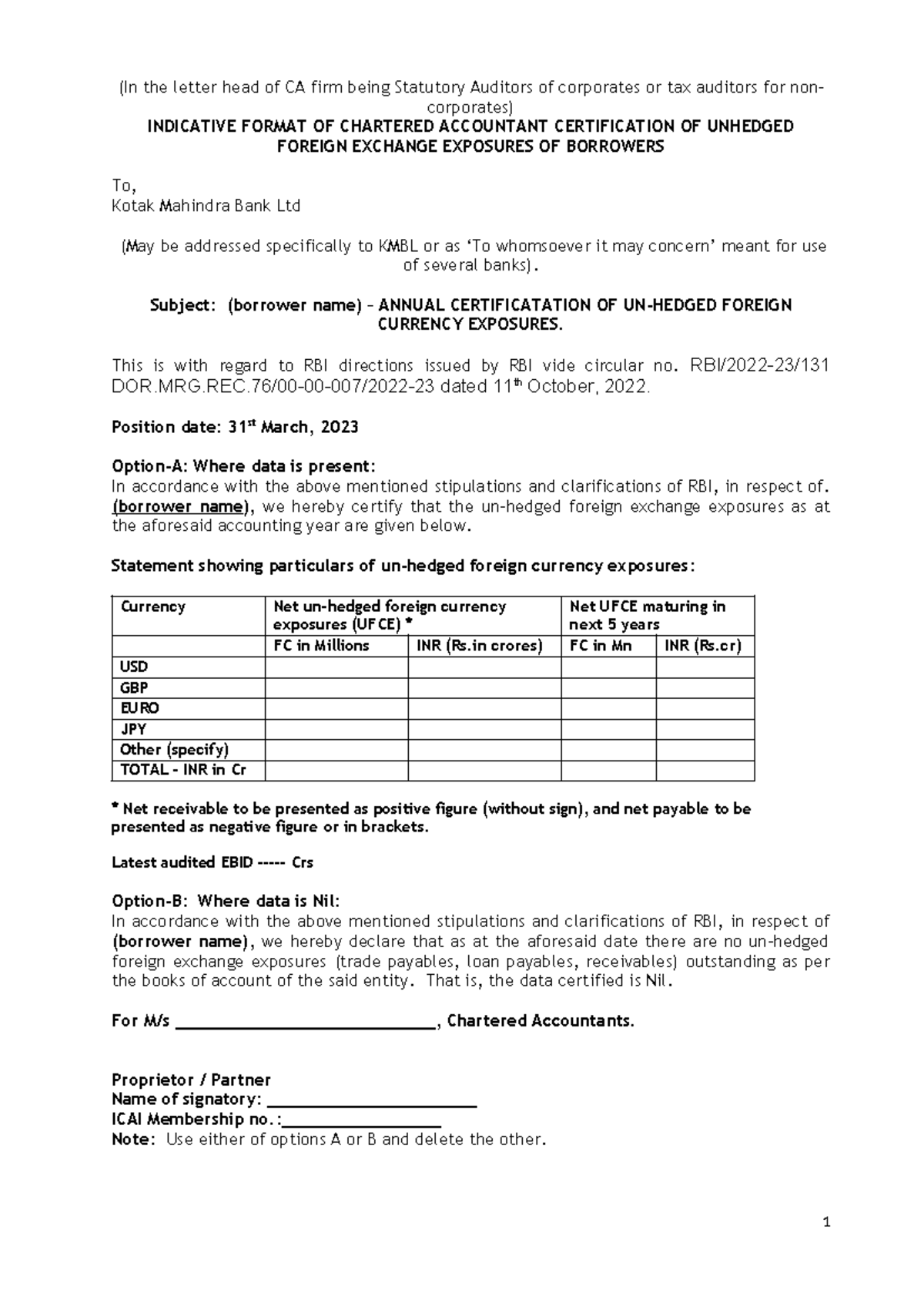 UFCE Certification Format for Un-Hedged FX Exposures - Template - Studocu