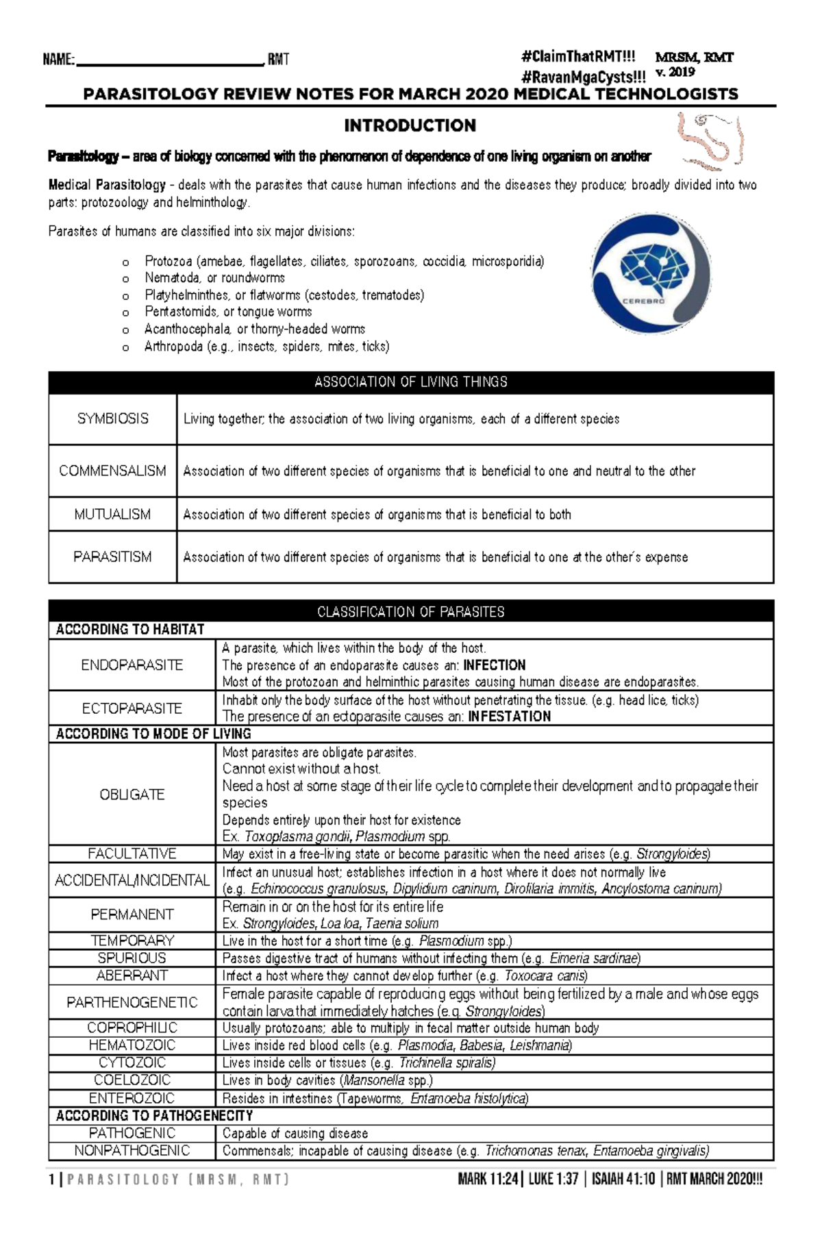 Cerebro Review: Medical Parasitology Lecture Notes (Final Exam) - Studocu
