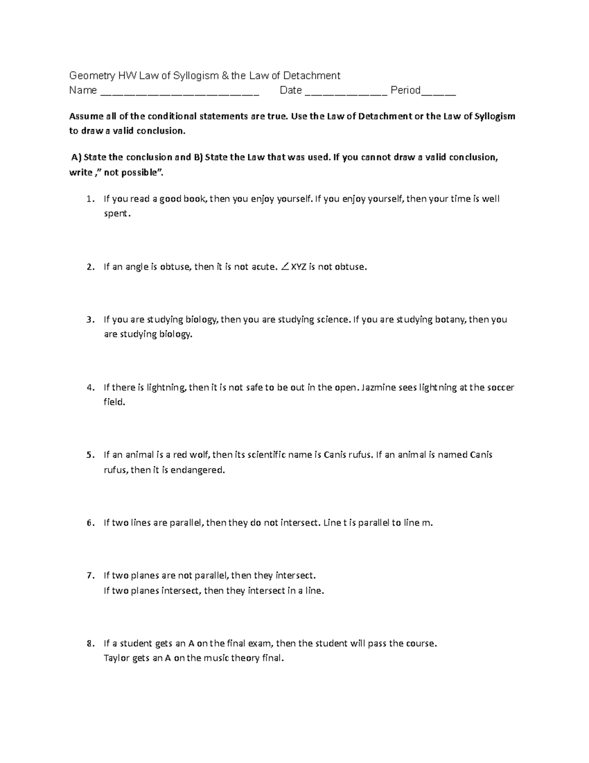 Geometry HW: Law of Syllogism & Law of Detachment (Ch2) - Studocu