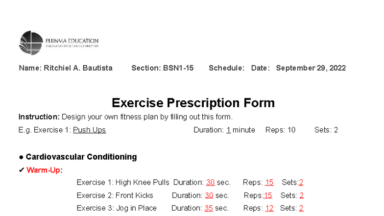 Exercise Prescription Form: Custom Fitness Plan by Ritchiel A. Bautista ...