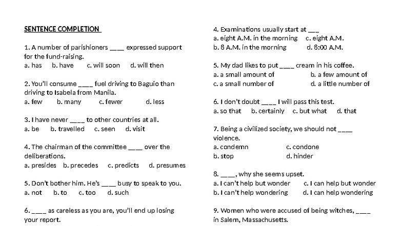 SENTENCE COMPLETION PRACTICE TEST (ENG 101) - Studocu