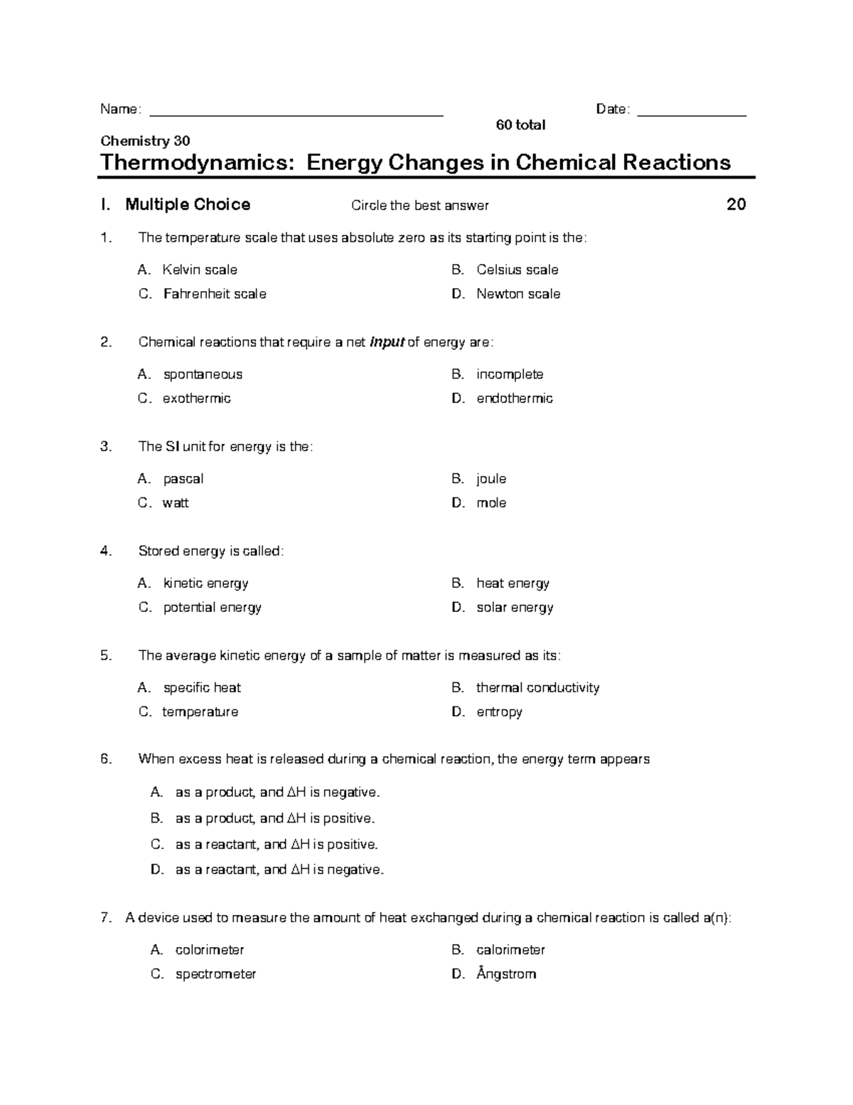Chemistry 30 - Thermochemistry Exam: Energy Changes in Reactions - Studocu