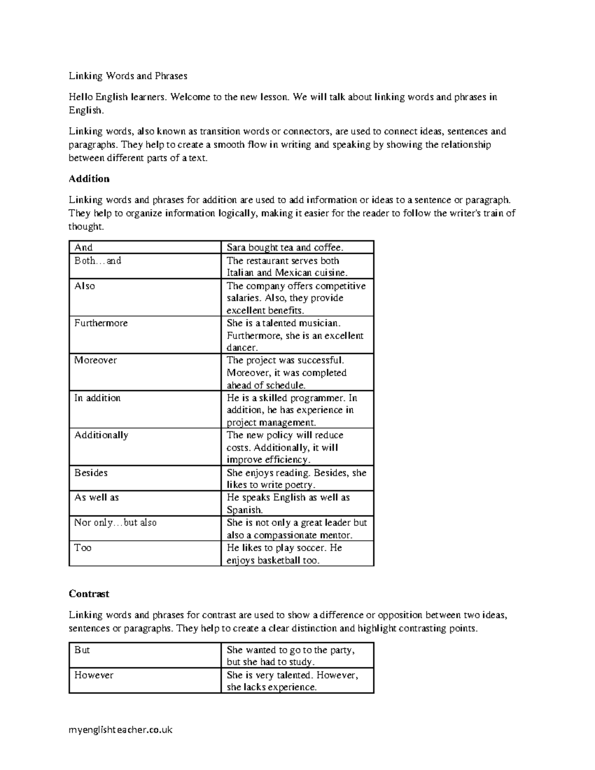 Linking Words and Phrases: A Comprehensive Guide for ESL Learners - Studocu