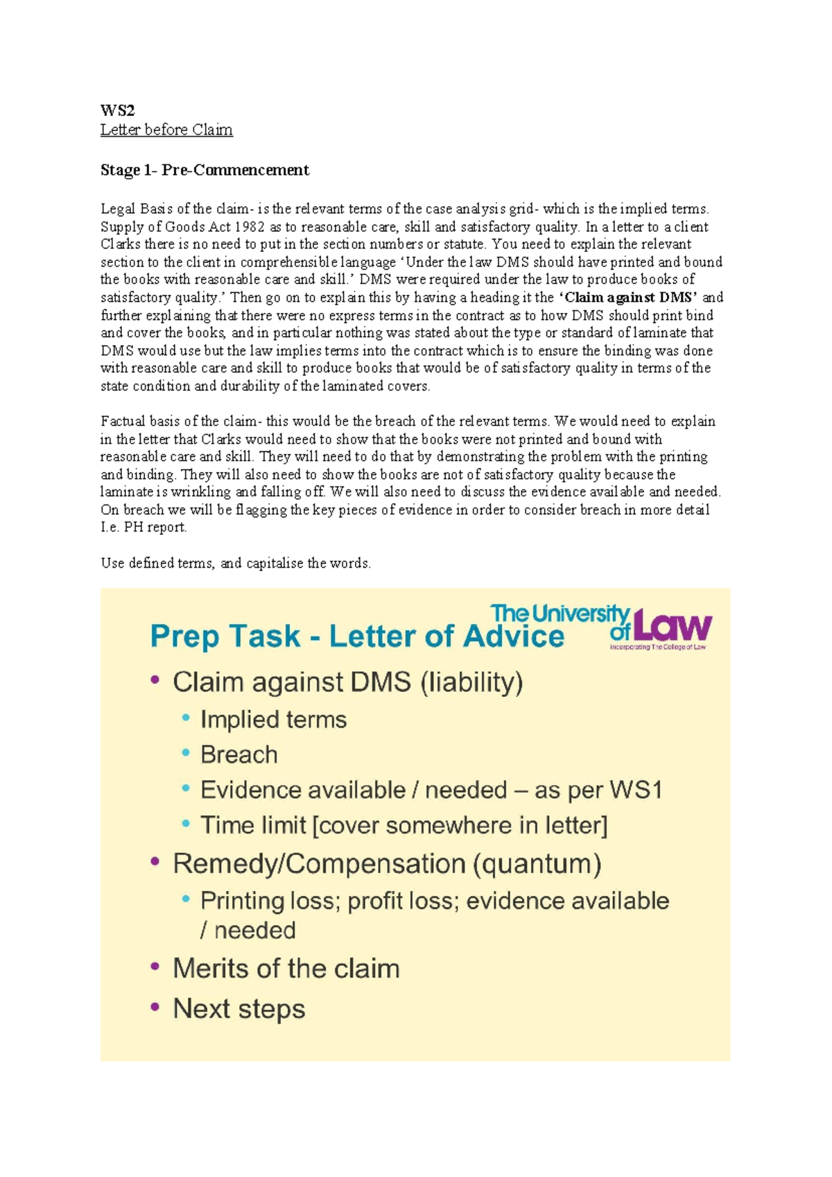WS2 - Letter Before Claim: Legal Analysis of Implied Terms in Contract ...